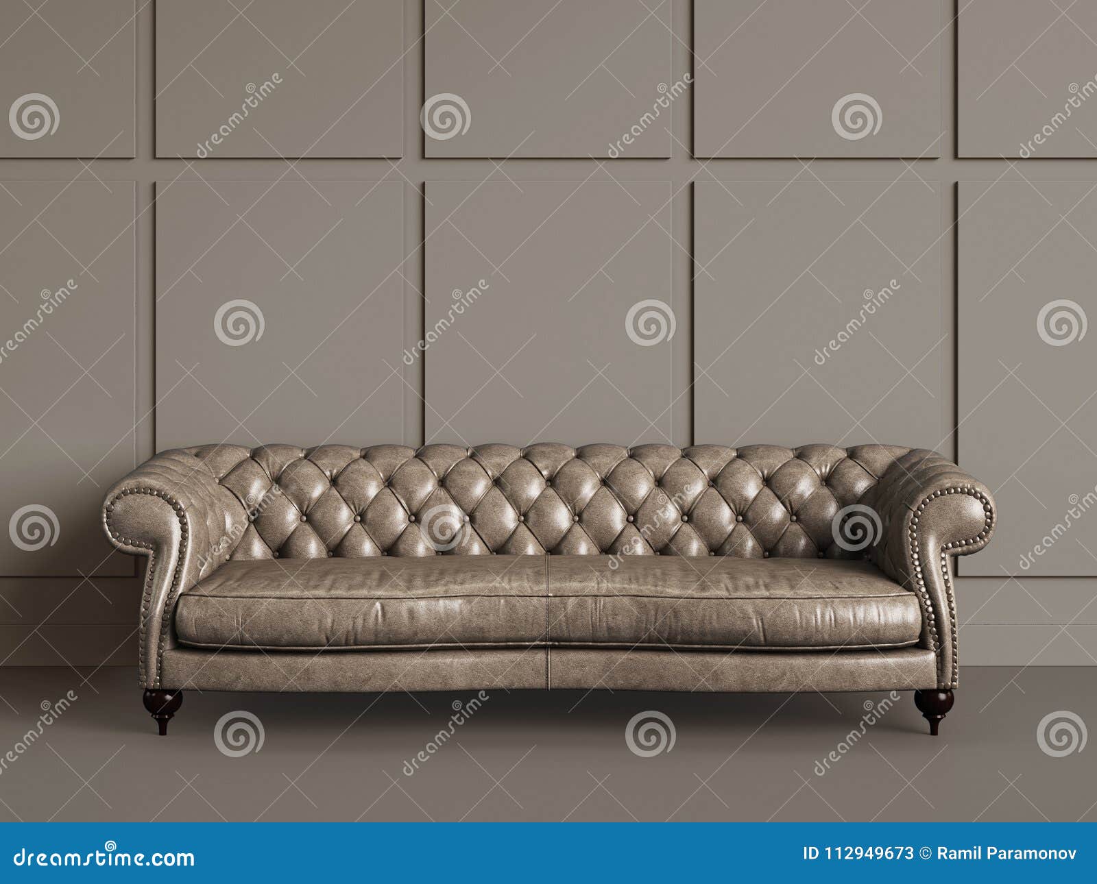 Classic Tufted Sofa in Empty Room with Beige Walls Stock Illustration ...