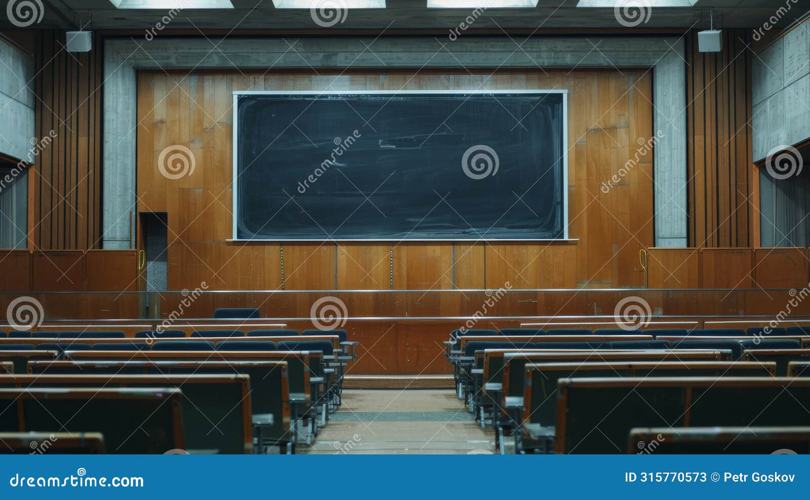 Classic University Lecture Hall with Chalkboard Stock Image - Image of ...