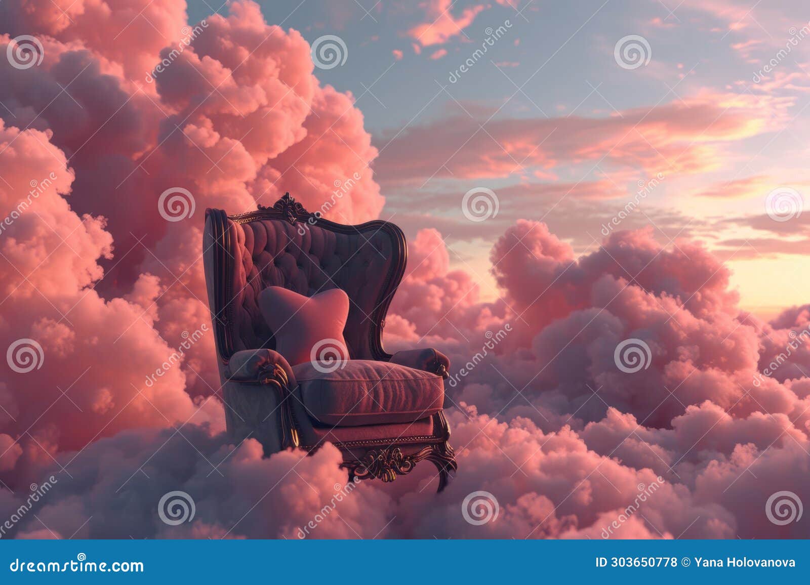 Classic Victorian Chair with Pink Upholstery, Floating in the Sky and ...