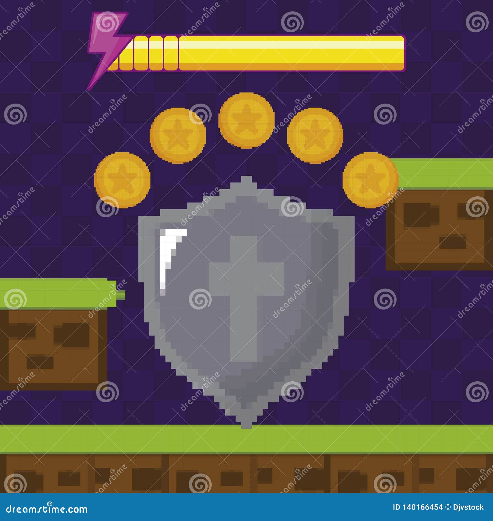 Classic Video Game Scene with Warrior Shield Stock Vector ...