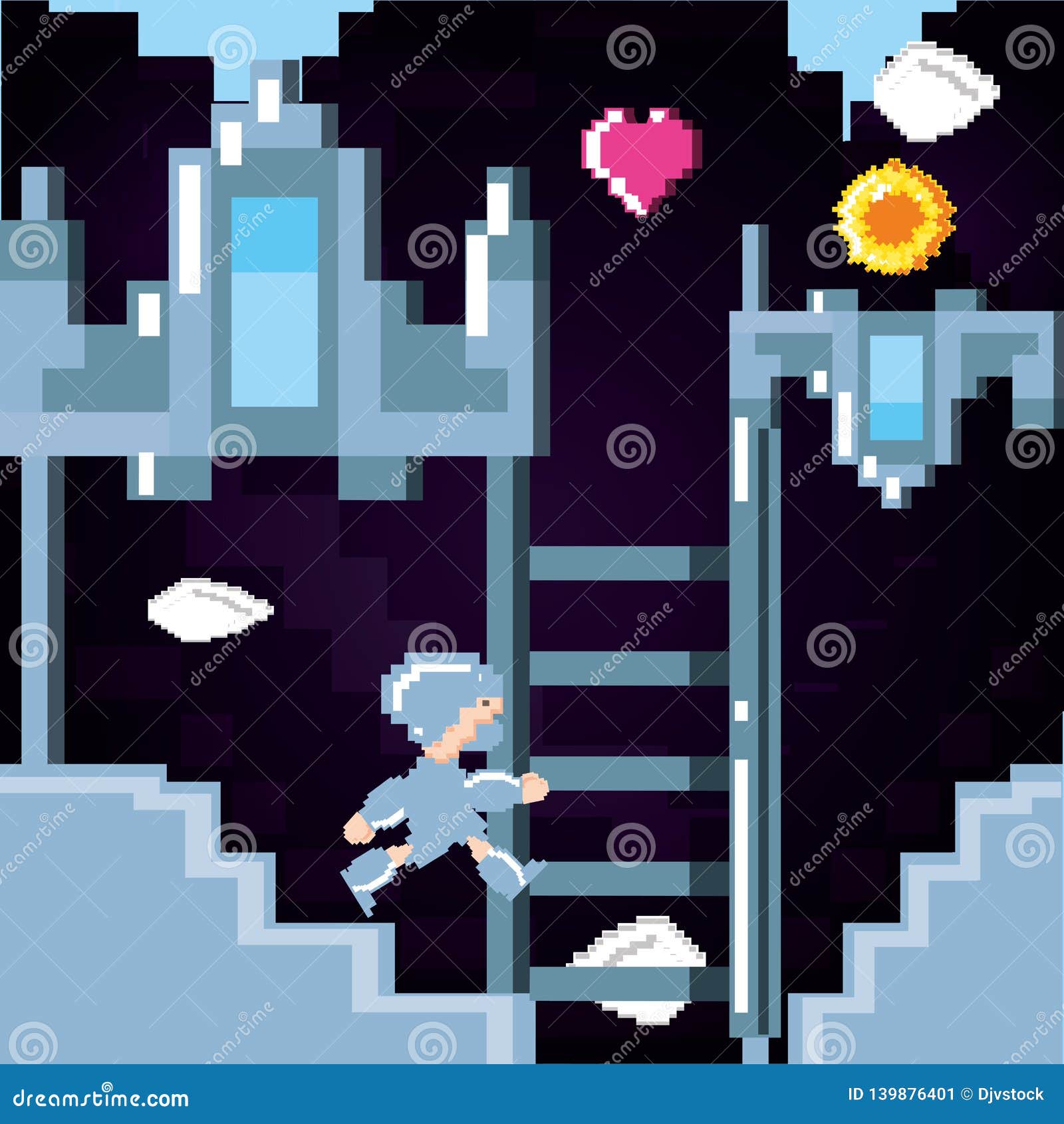 Classic Video Game Scene with Warrior in Stairs Stock Vector ...