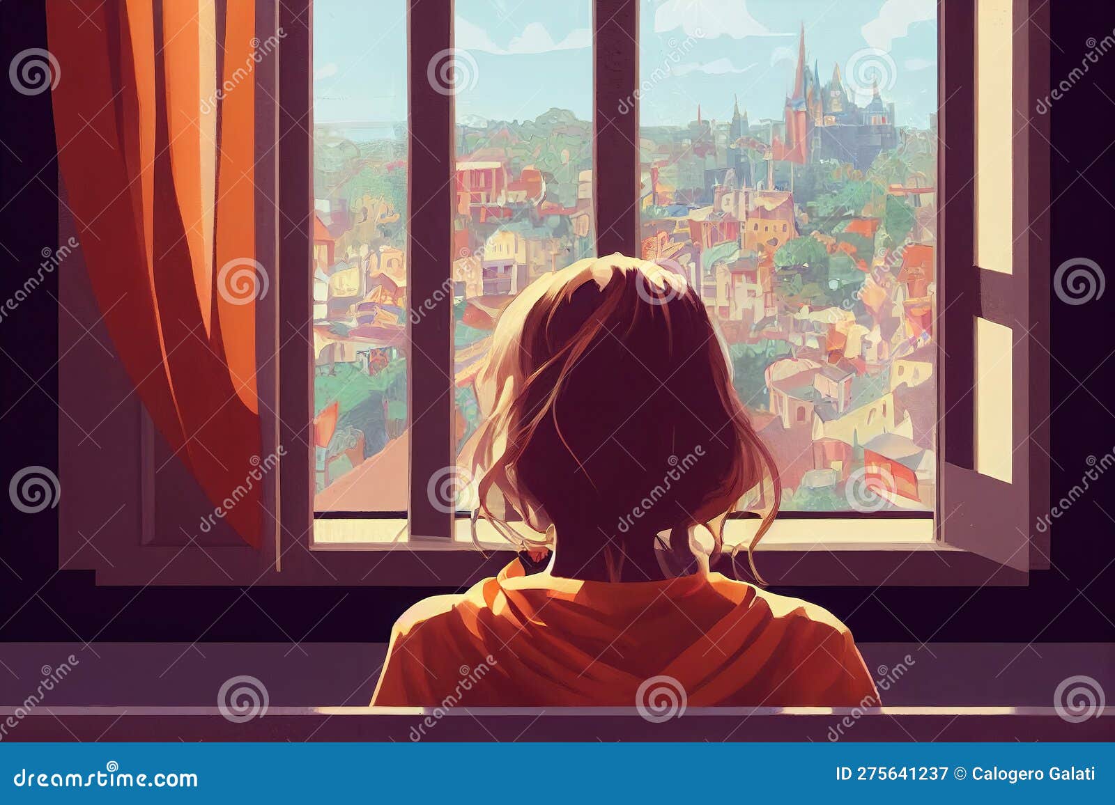 Classic View of a Woman from Behind Watching Out the Window, Cartoon ...