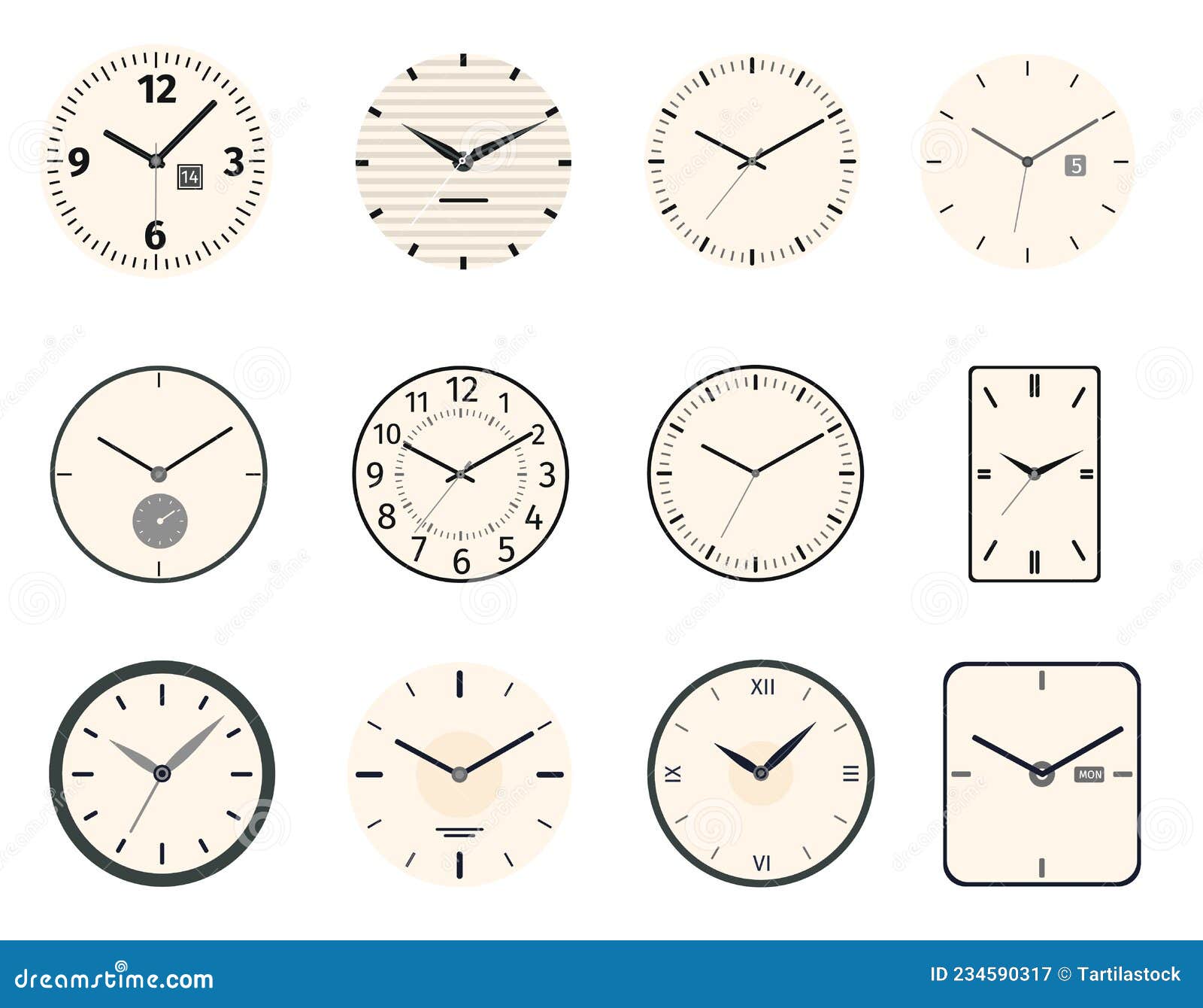 Watch Faces. Cartoon Clocks Showing Different Time, Round Analog Watch ... Watch Faces. Cartoon Clocks Showing Different Time, Round Analog Watch ...