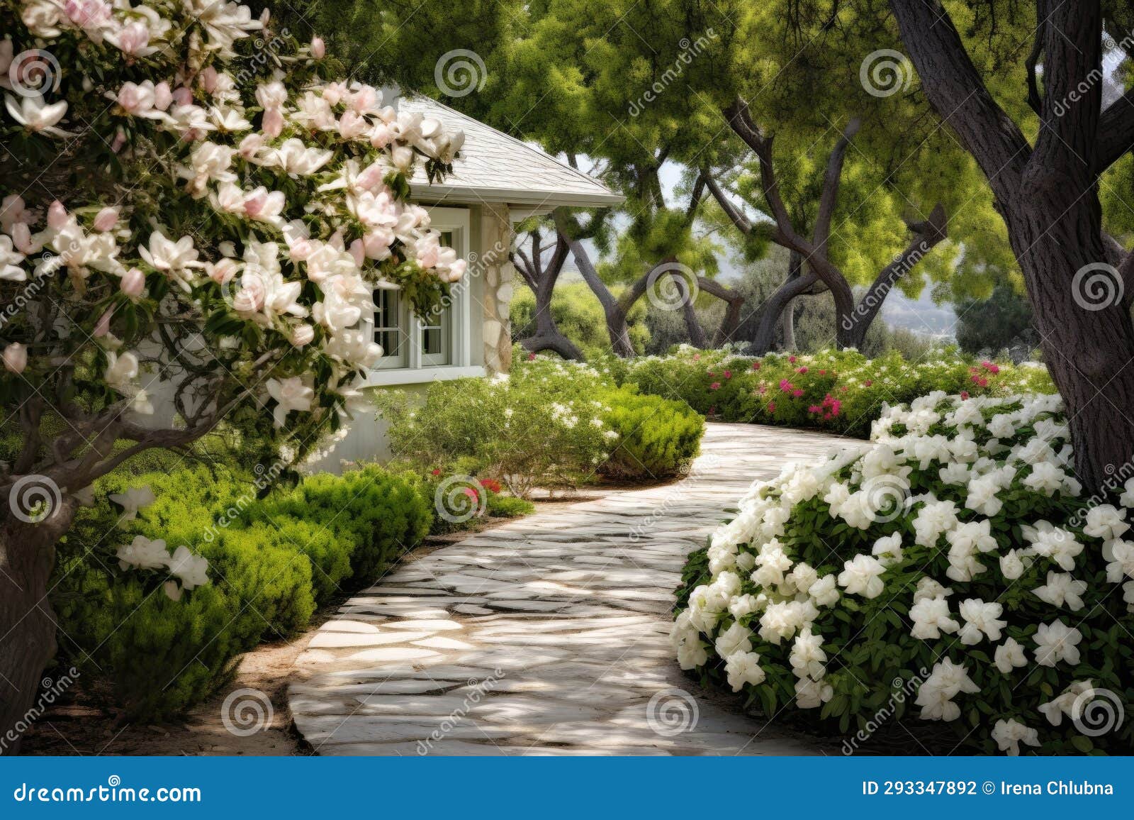 Classic and Vintage Pathway with Green Yard White Rocks and Flower Bush ...