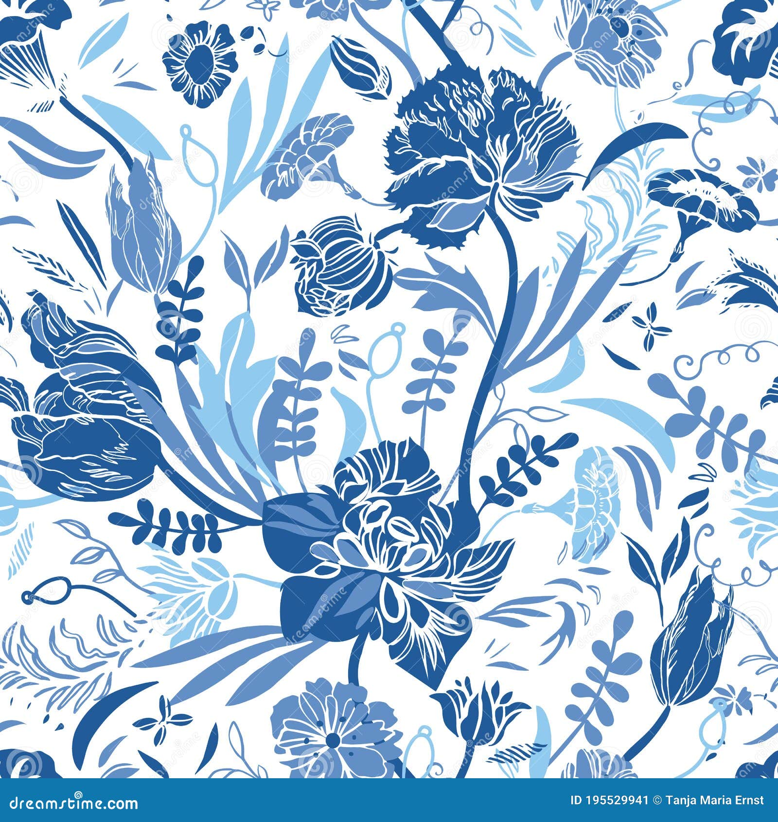 Classic Vintage Porcelain Blue Floral Pattern Royal Hand Drawn Elegant