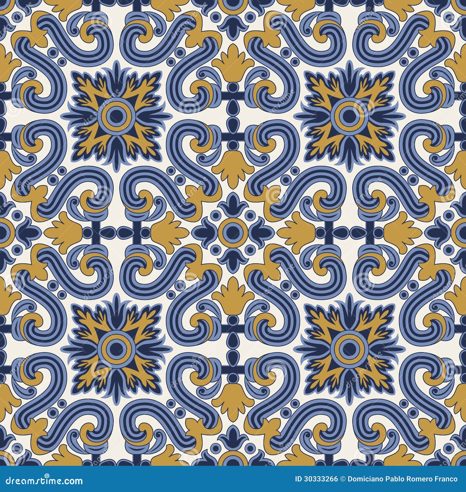 Classic Vintage Seamless Pattern in Blue and Yellow Stock Vector ...