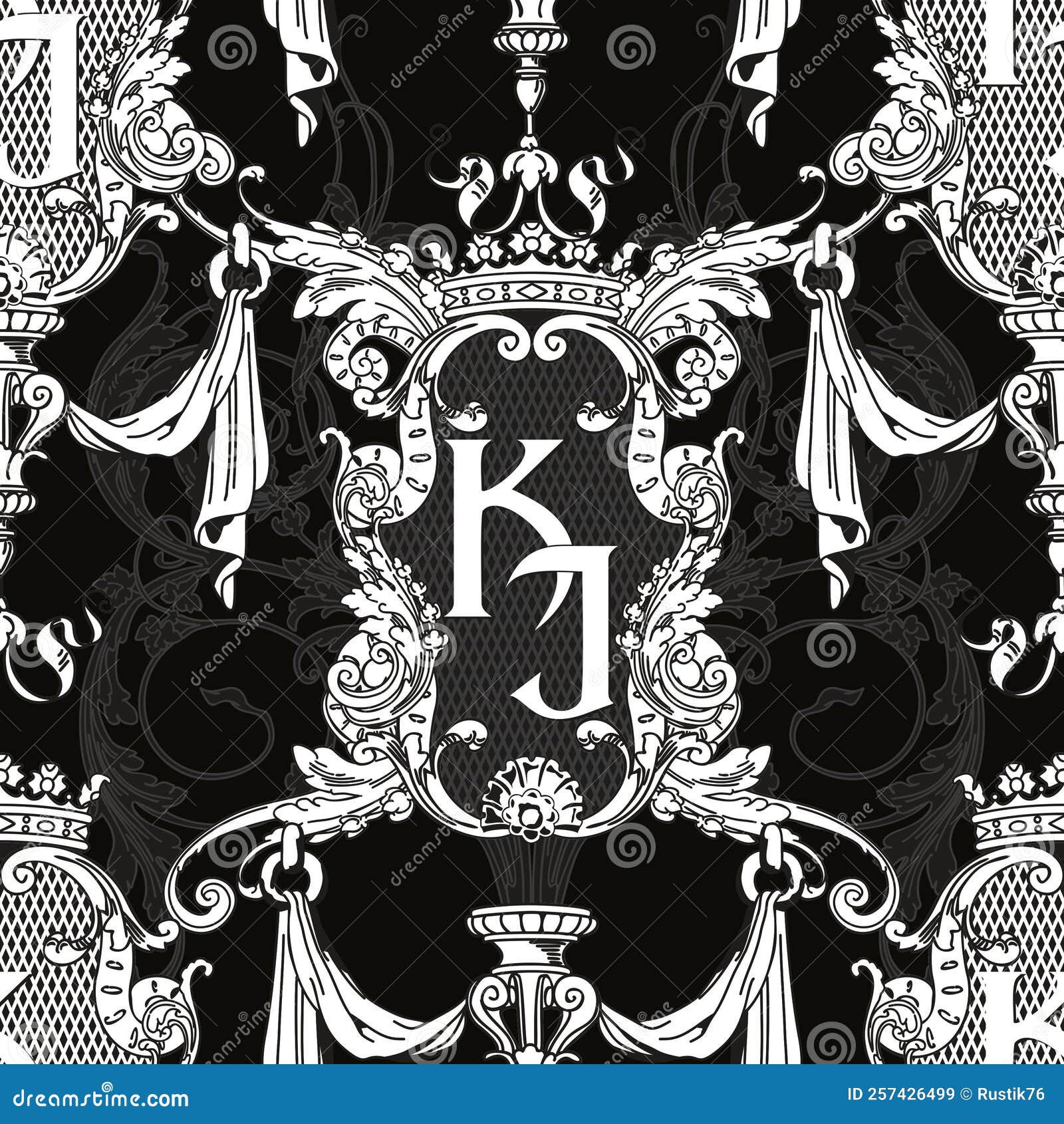 Classic Vintage Seamless Pattern with KJ Monogram. White Elements on a ...