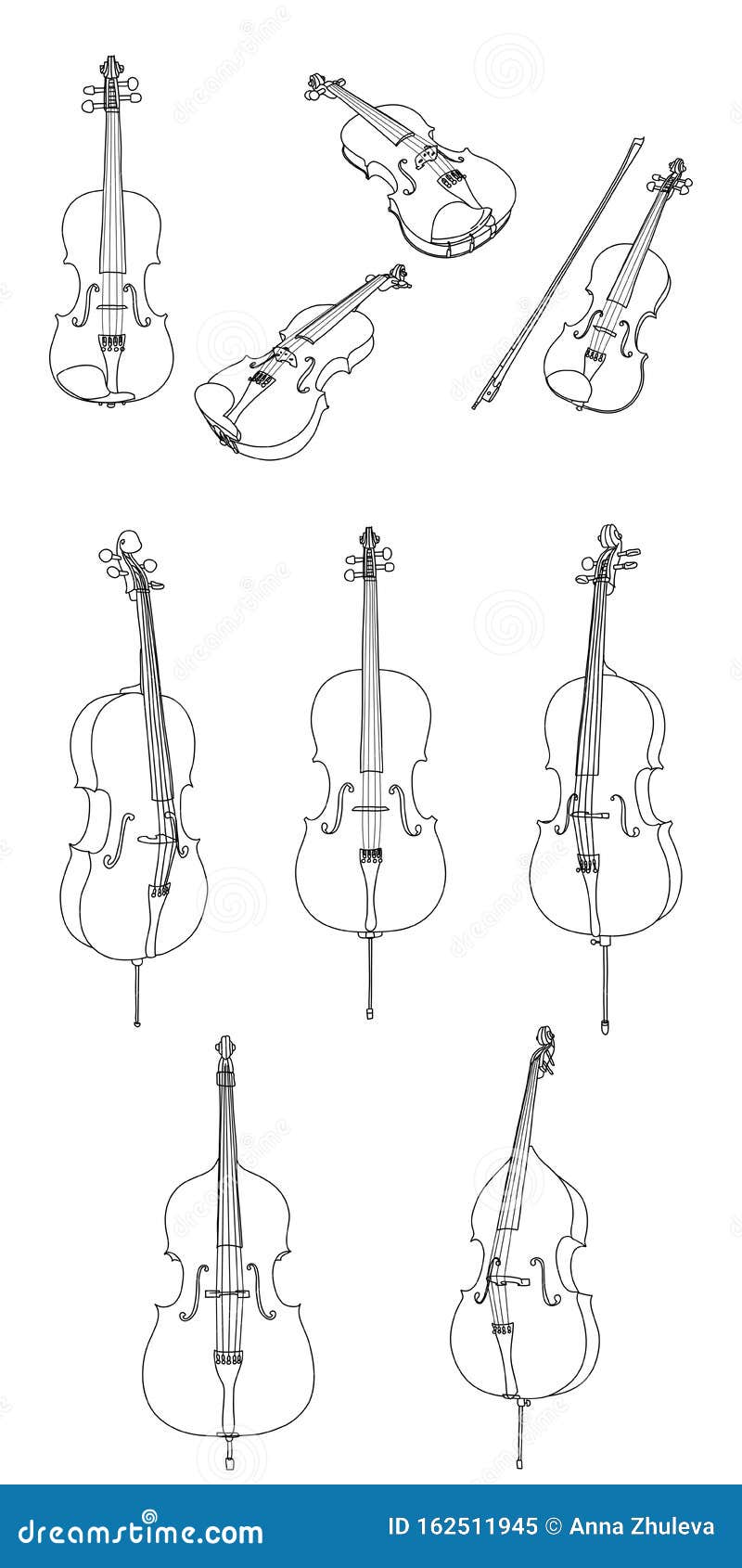 Classic Violin, Alt, Cello, Double Bass and Bow Vector Isolated on ...