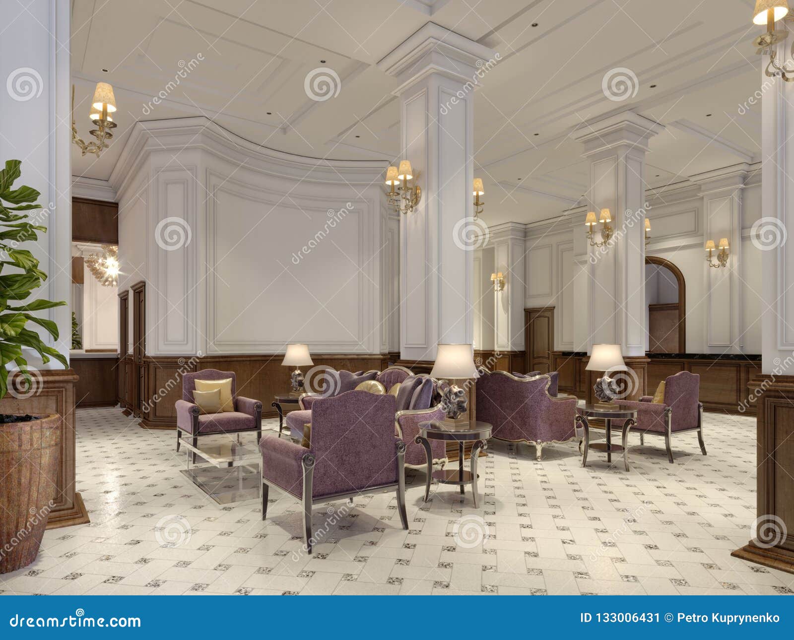 Classic Waiting Hall with Tables and Couches Stock Illustration ...