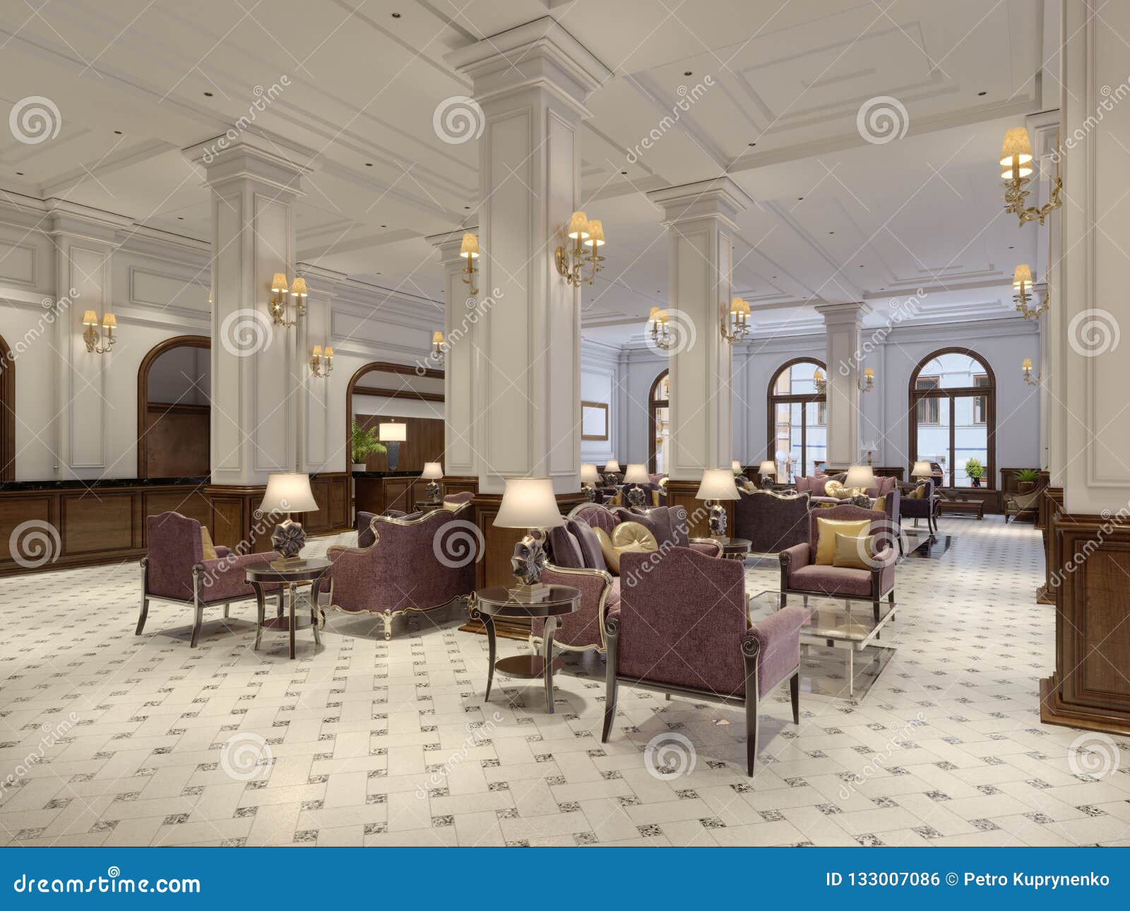 Classic Waiting Hall with Tables and Couches Stock Illustration ...