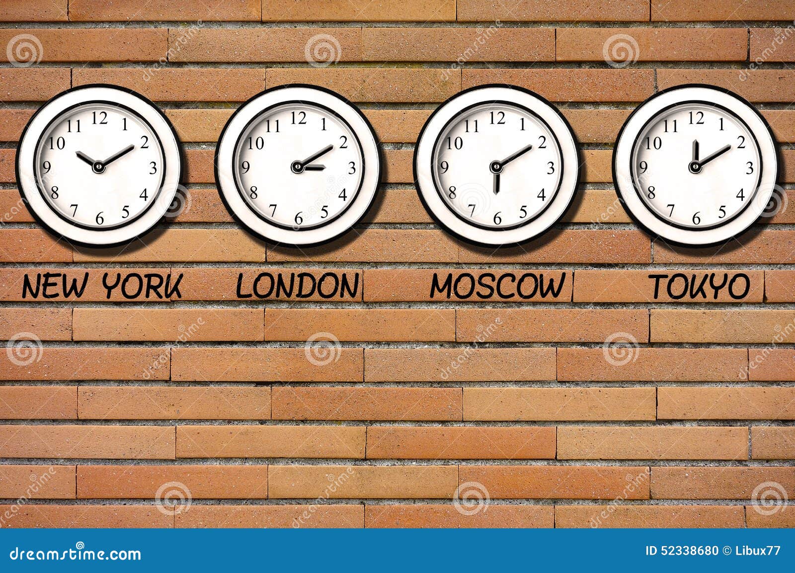 Classic Wall Bricks Clocks Clock Timezone Stock Photo - Image of arabic ...