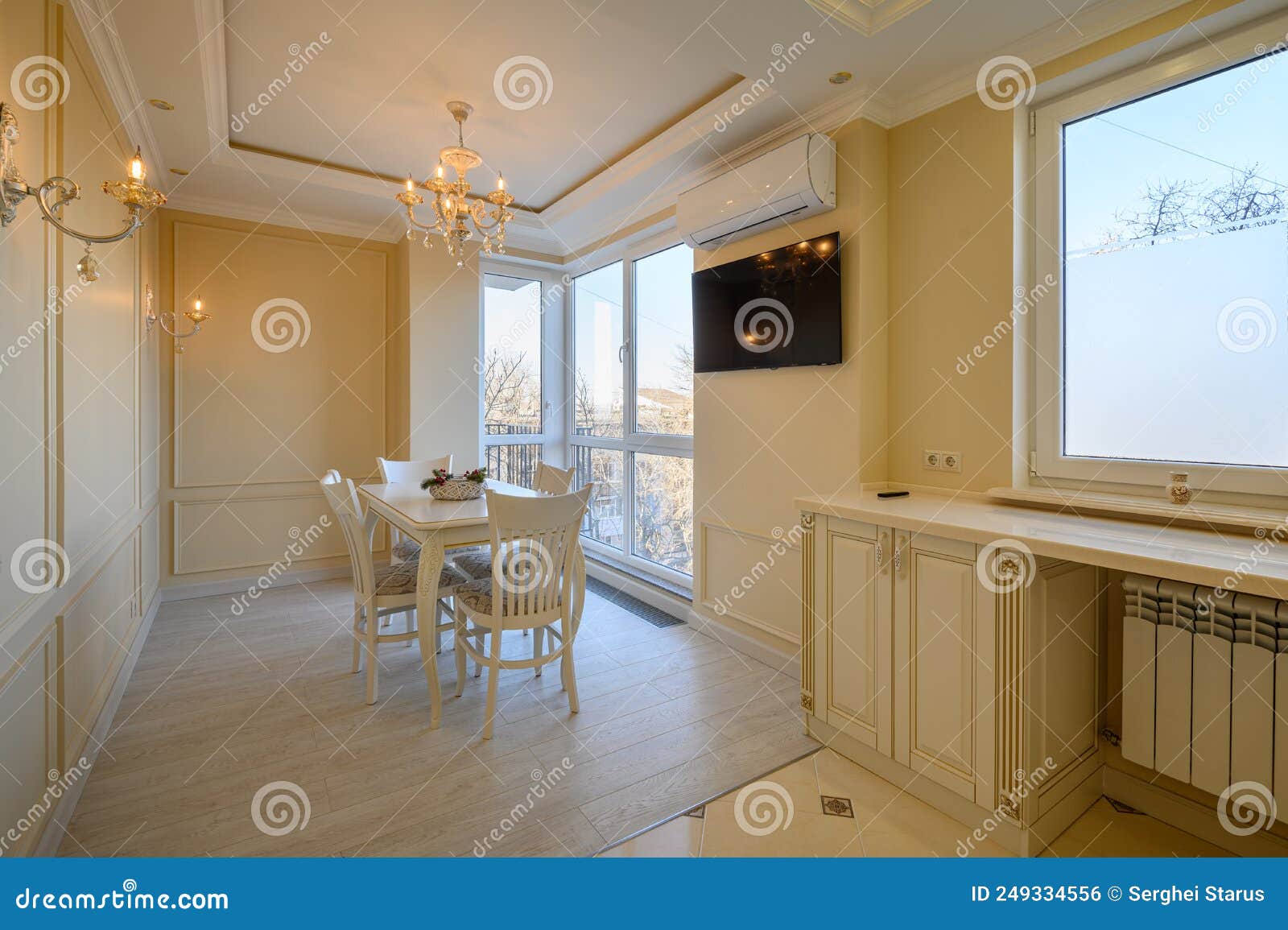 Classic White and Beige Large Kitchen with Dining Table in Studio ...