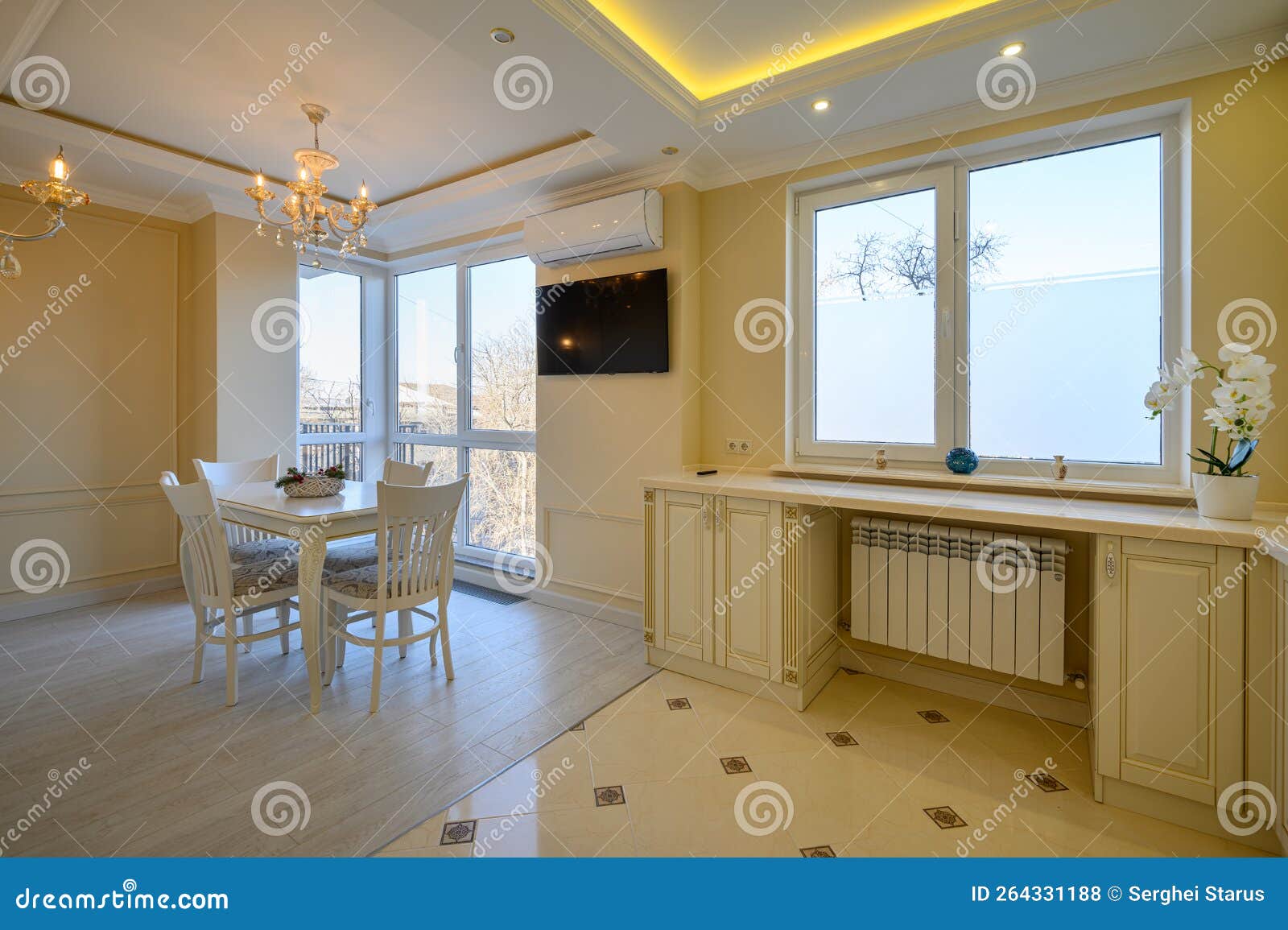Classic White and Beige Large Kitchen with Dining Table in Studio ...