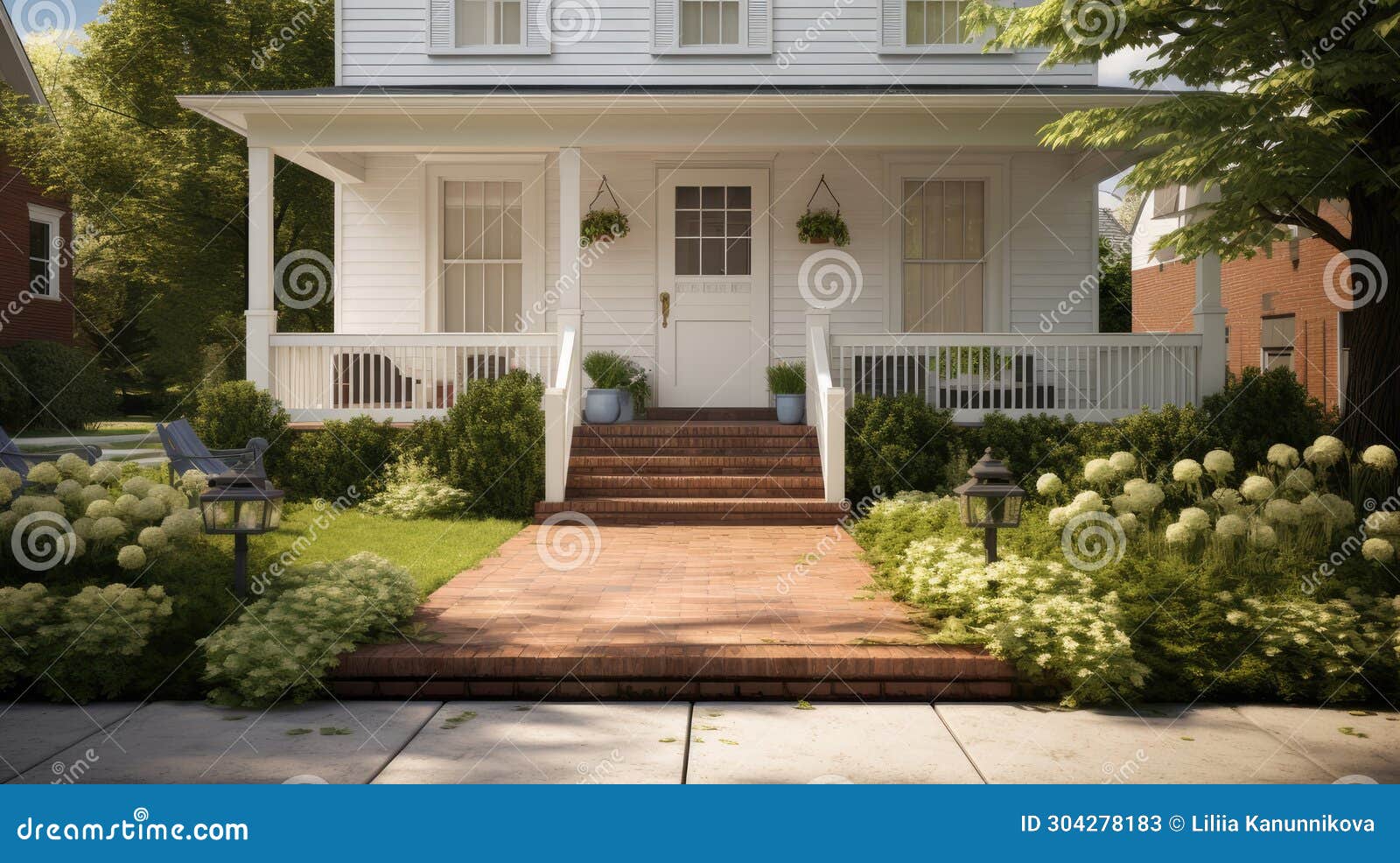 Classic White Clapboard House with the Red Brick Sidewalk. Stock Image ...