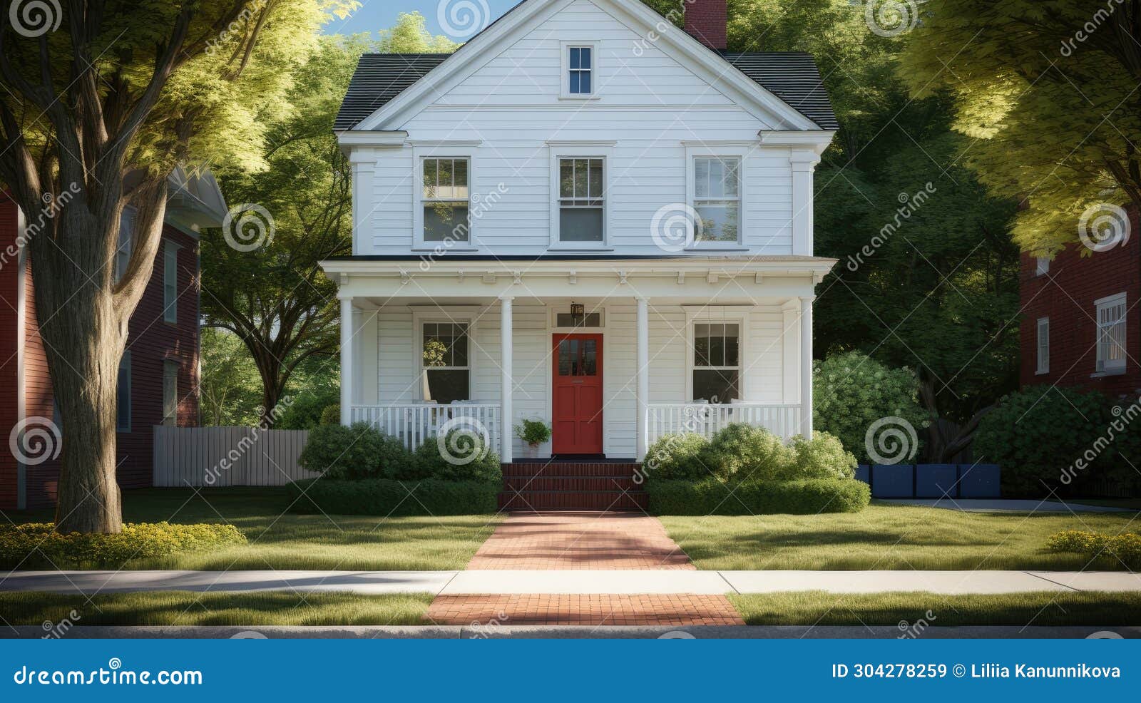 Classic White Clapboard House with the Red Brick Sidewalk. Stock Image ...