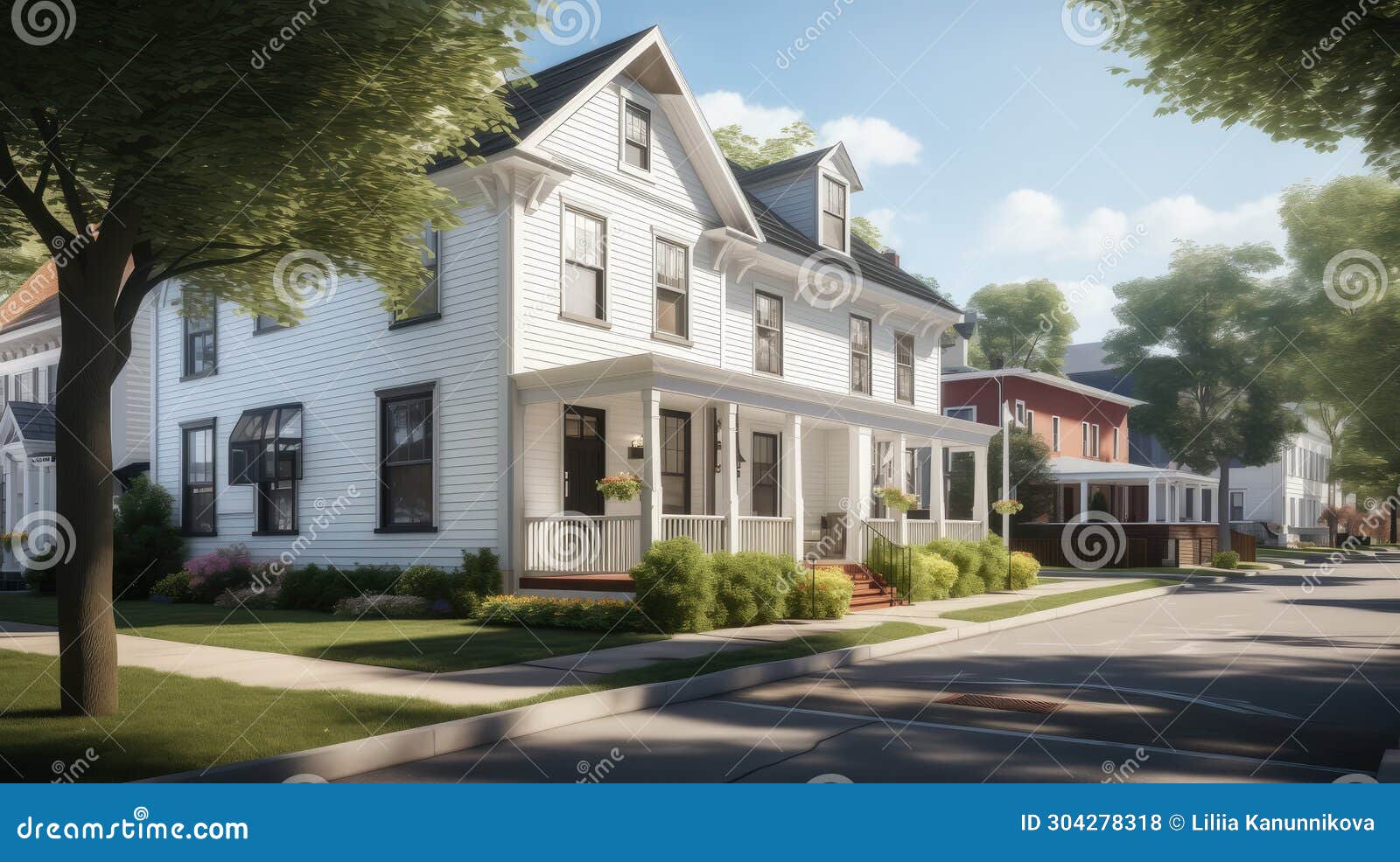 Classic White Clapboard House with the Red Brick Sidewalk. Stock Photo ...
