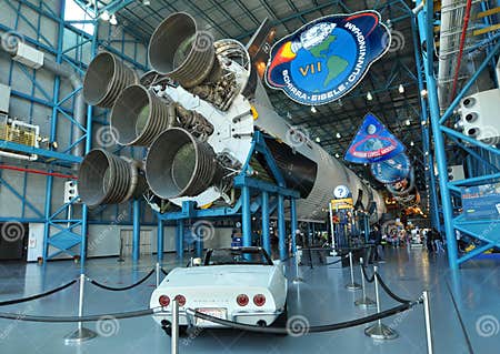 Classic White Corvette and Saturn V Rocket Editorial Photography ...