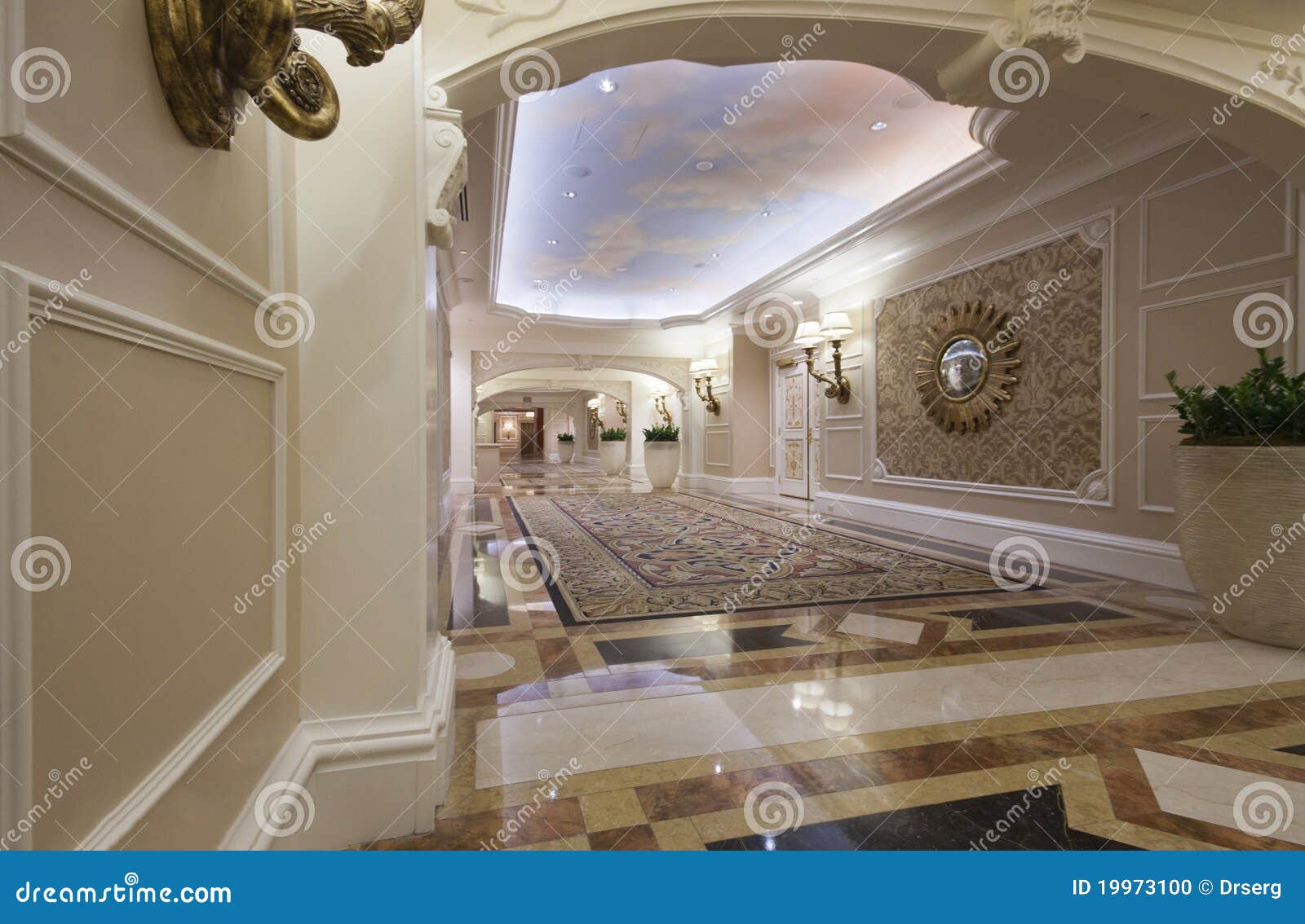 Classic Wide Corridor with Marble Floor and Carpet Stock Photo - Image ...