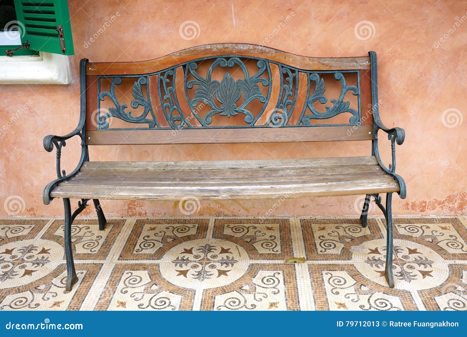 Classic wooden long chair stock image. Image of brick - 79712013