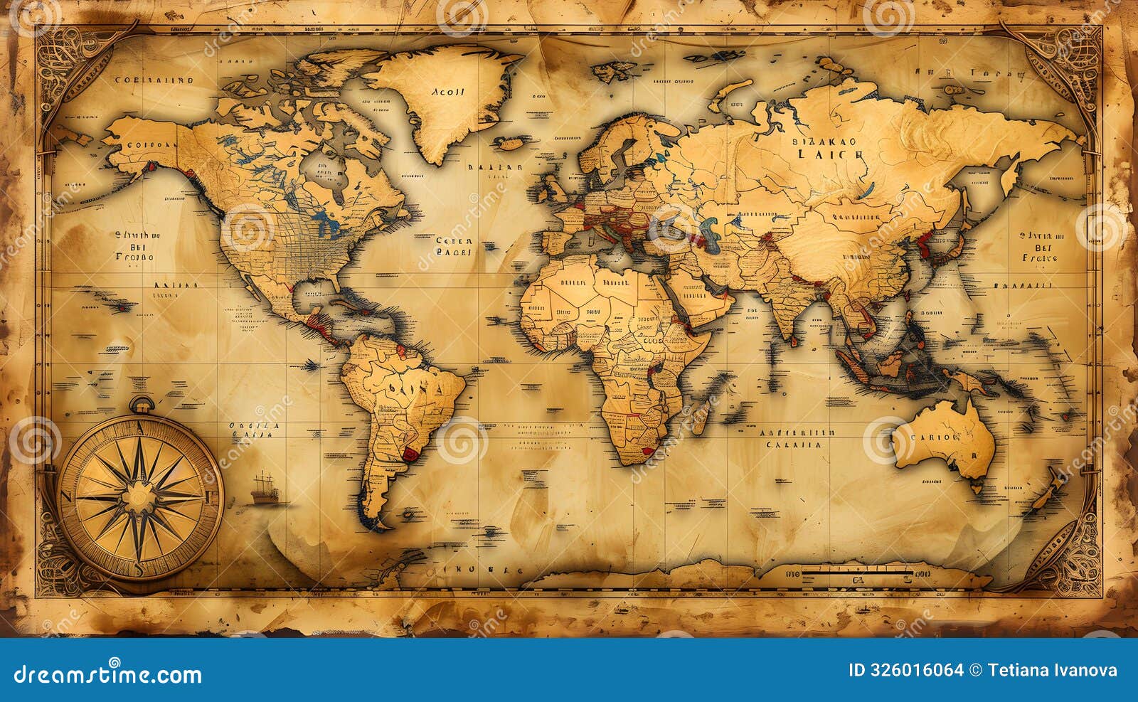 Classic World Map with Intricate Decorative Elements. Stock ...