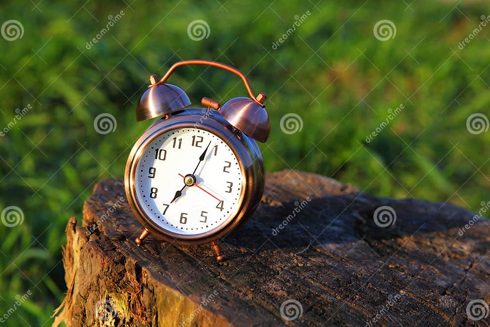 Classical Alarm Clock Stand on Stub Stock Photo - Image of field ...