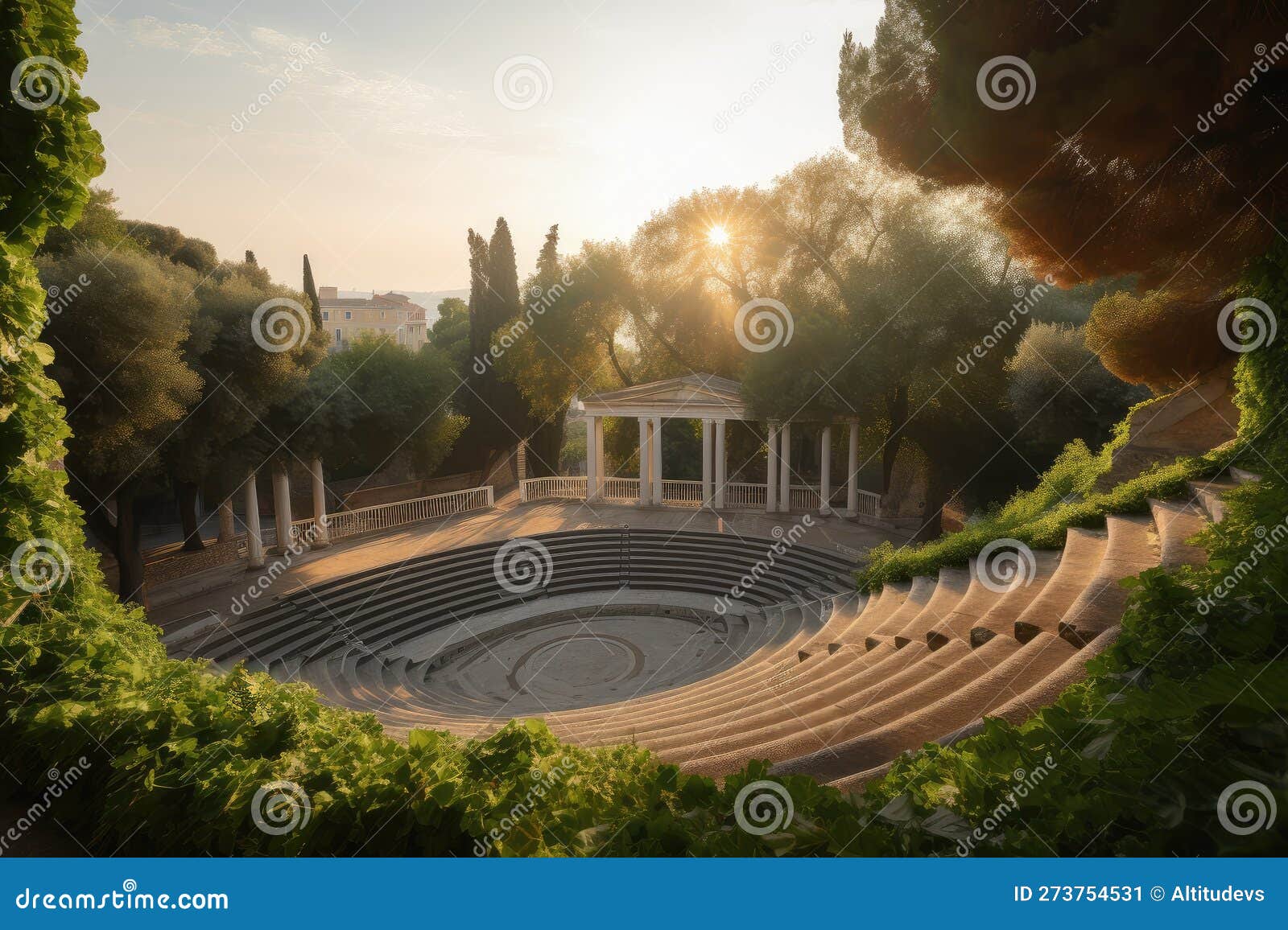 Classical Amphitheater with View of the Sunset, Surrounded by Greenery ...
