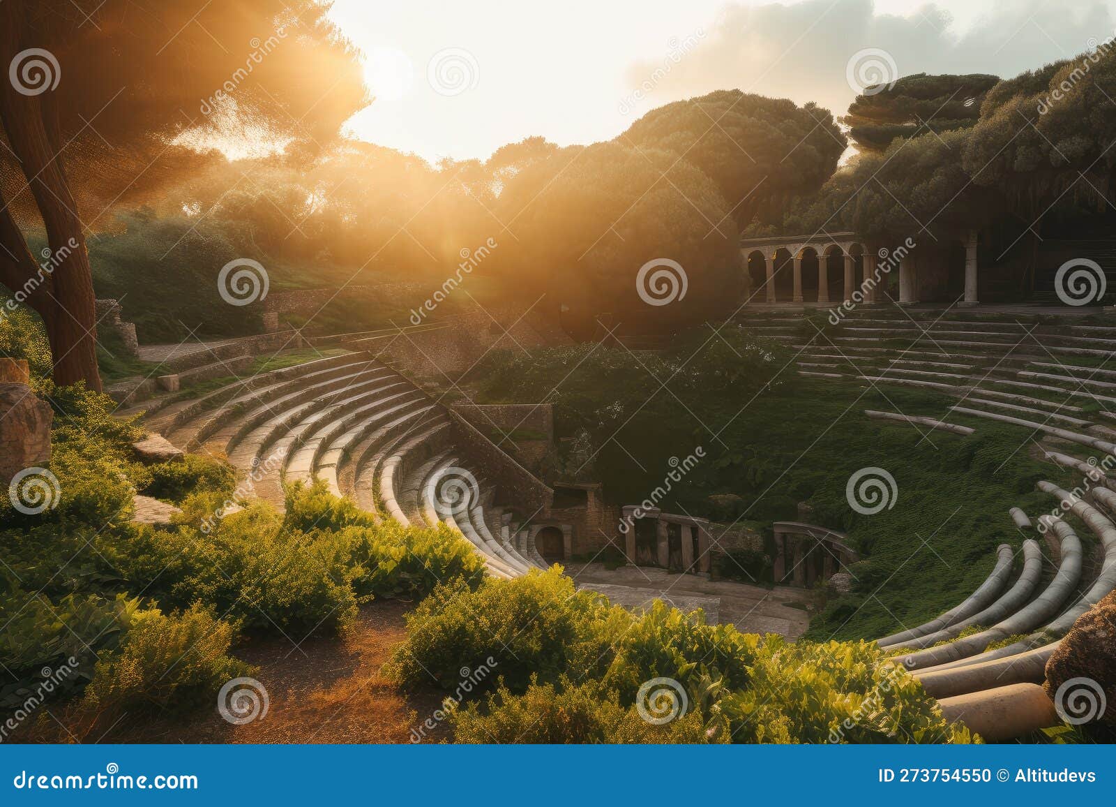 Classical Amphitheater with View of the Sunset, Surrounded by Greenery ...