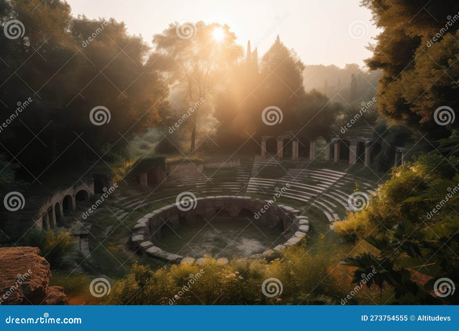 Classical Amphitheater with View of the Sunset, Surrounded by Greenery ...