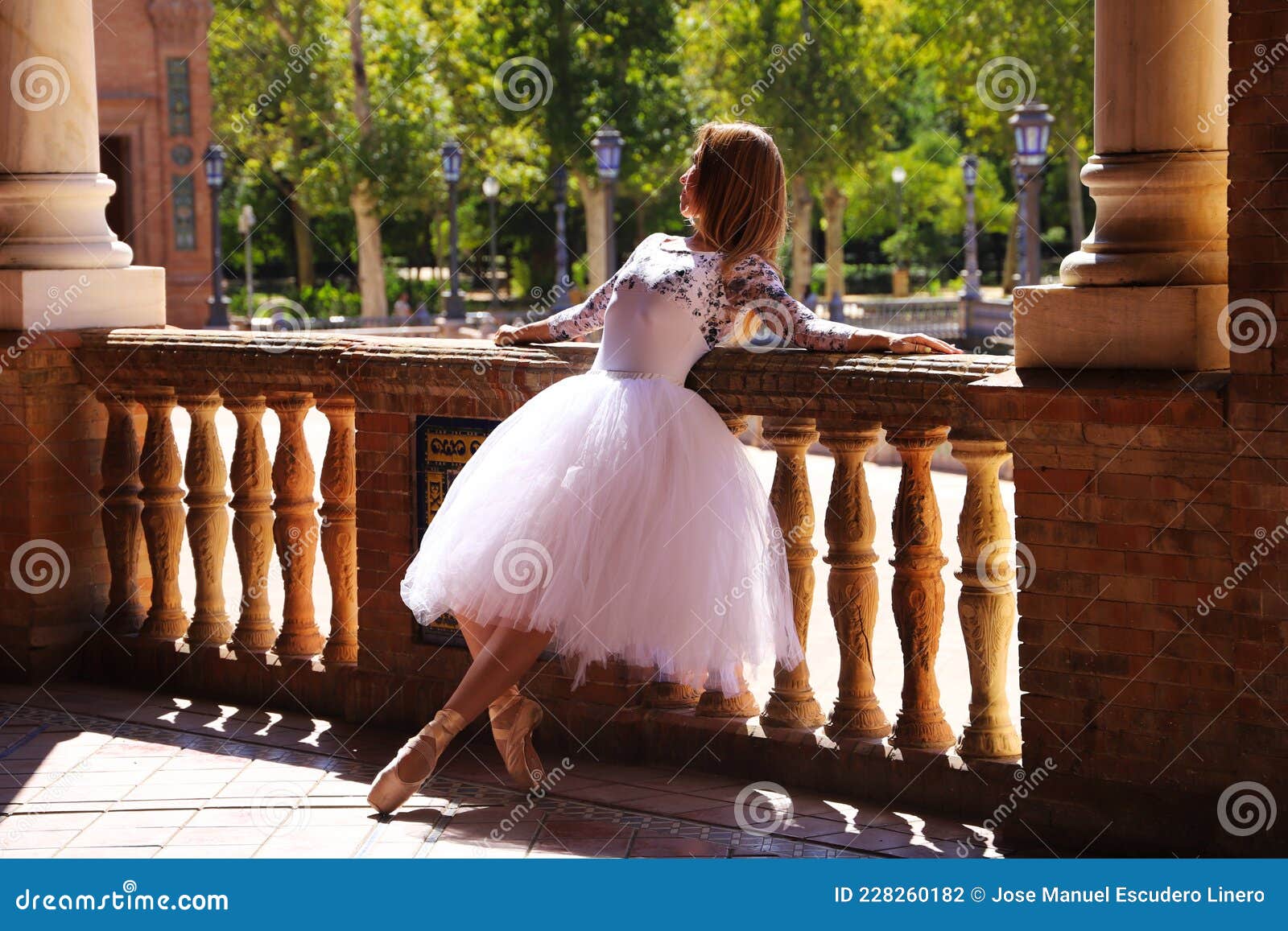 Classical Ballet Dancer Dressed in a White Tutu Leaning on the Railing ...