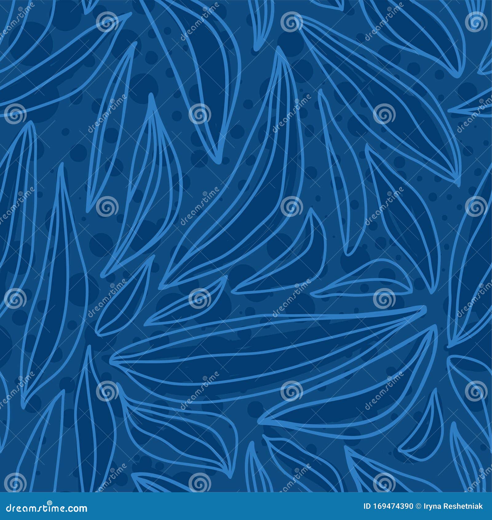 Classical Blue Color Seamless Pattern with Abstract Elements and Leaves ...
