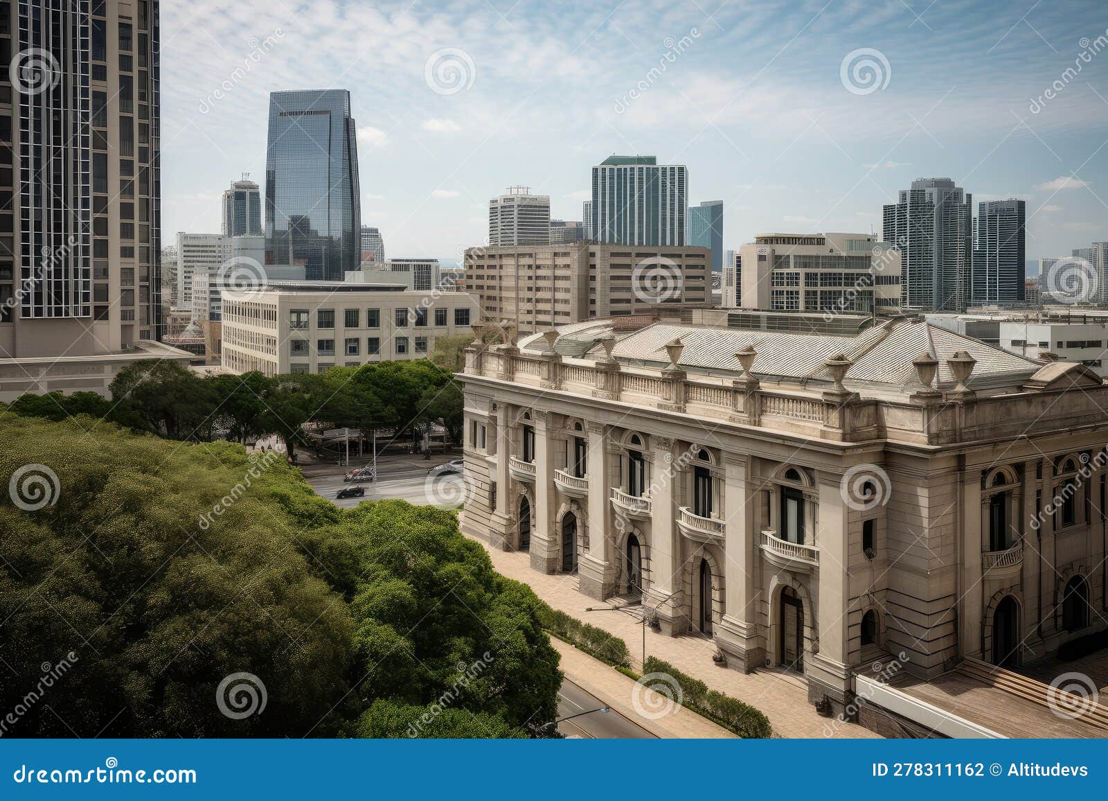 Classical Building, with View of Bustling Modern City, Juxtaposing the ...