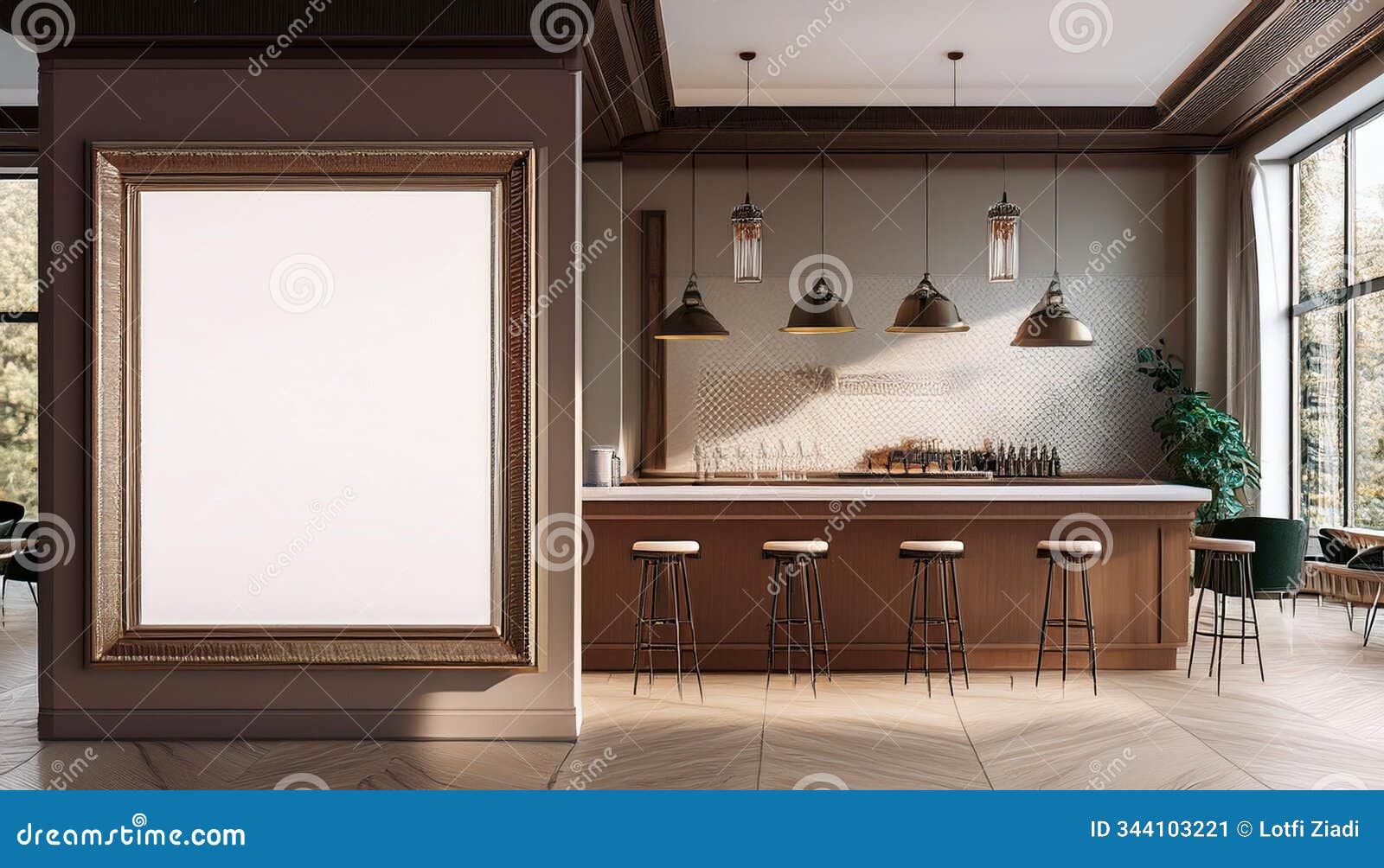 Classical Cafe Interior with Bar Island and Cooking Space, Window ...