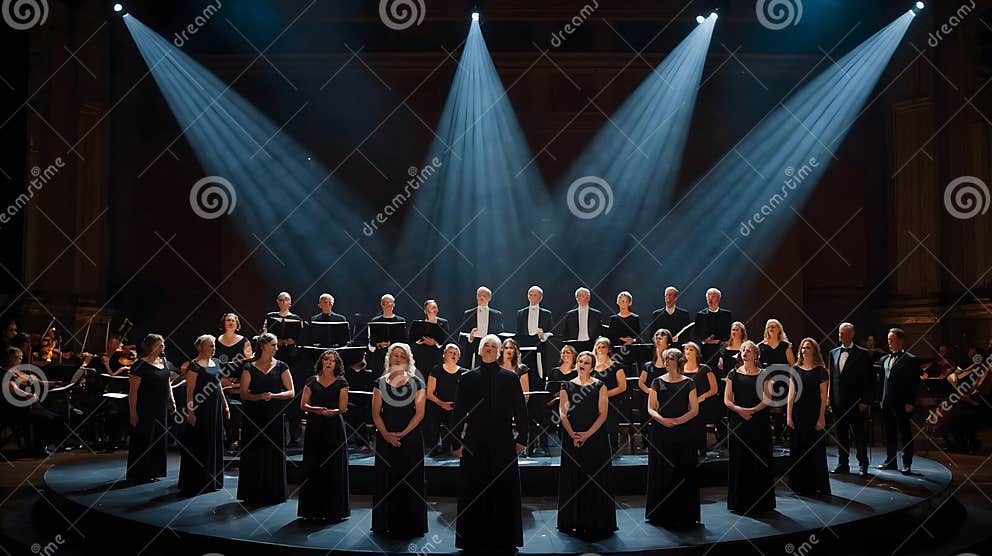 Classical Choir Performance with Dramatic Lighting and Elegant Attire ...