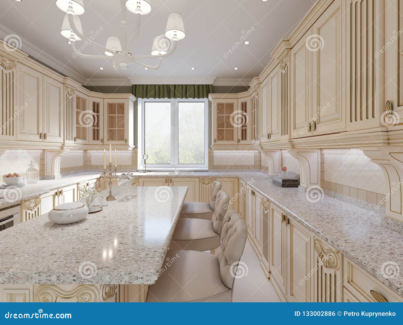 Classical Kitchen In Luxury Home With Oak Wood Cabinetry Royalty-Free ...