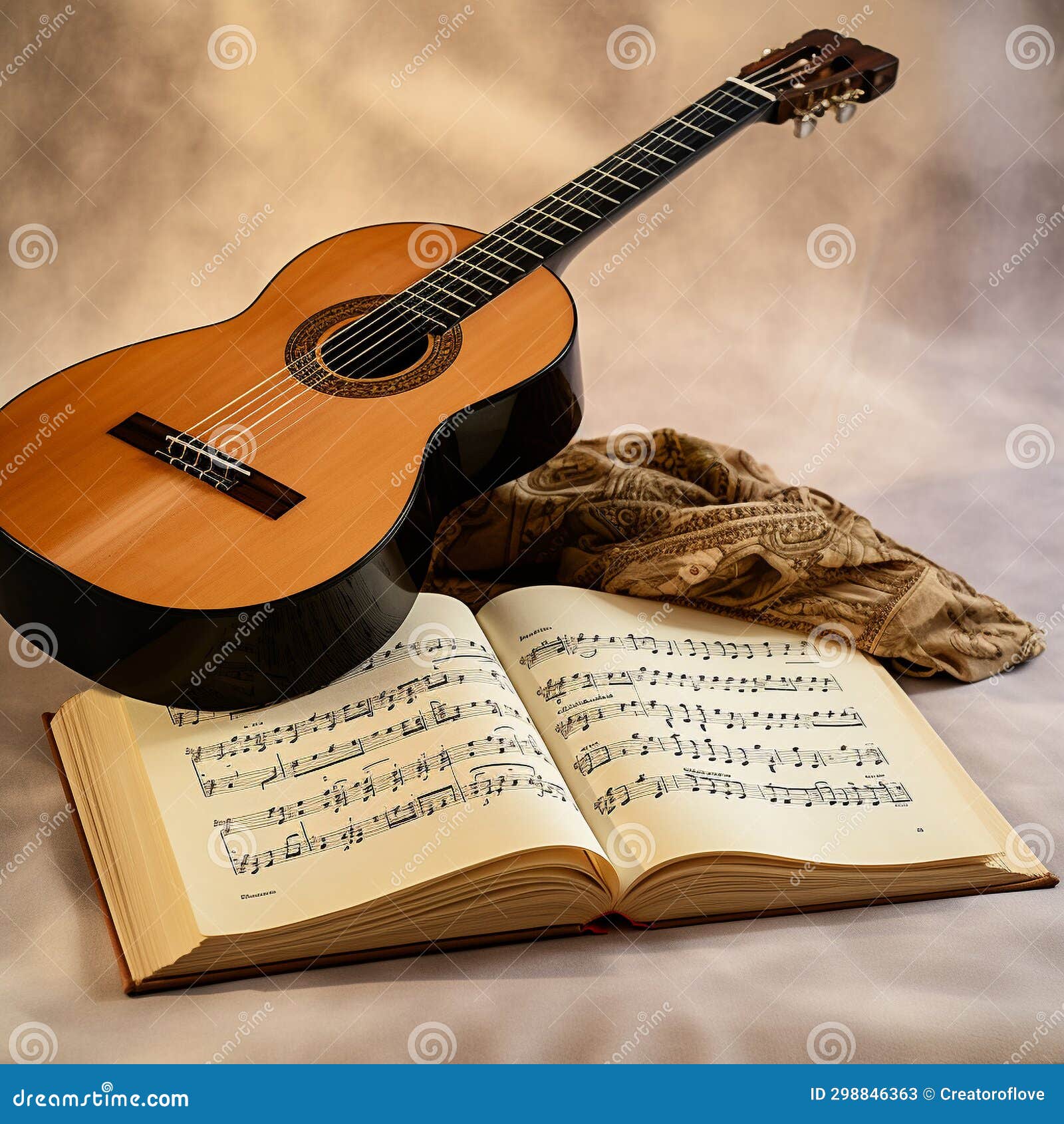 Classical Guitar Next To Open Music Book Stock Illustration ...