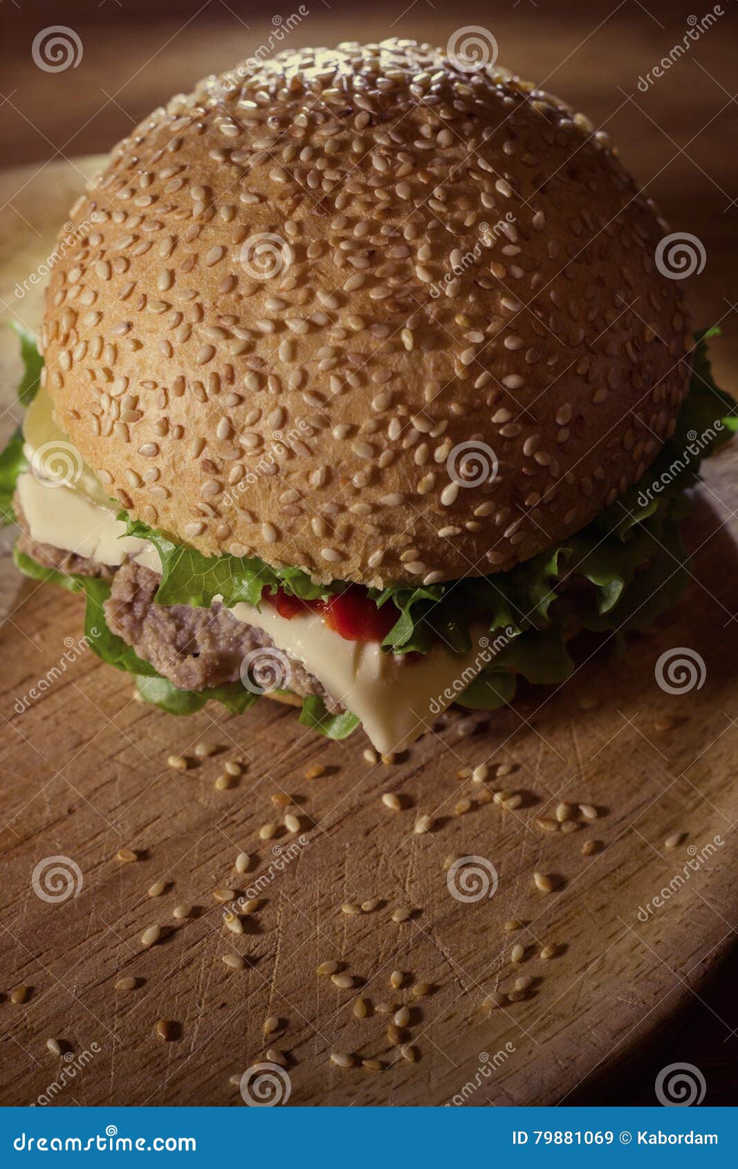 Classical Hamburger on a Wooden Plate Stock Image - Image of restaurant ...