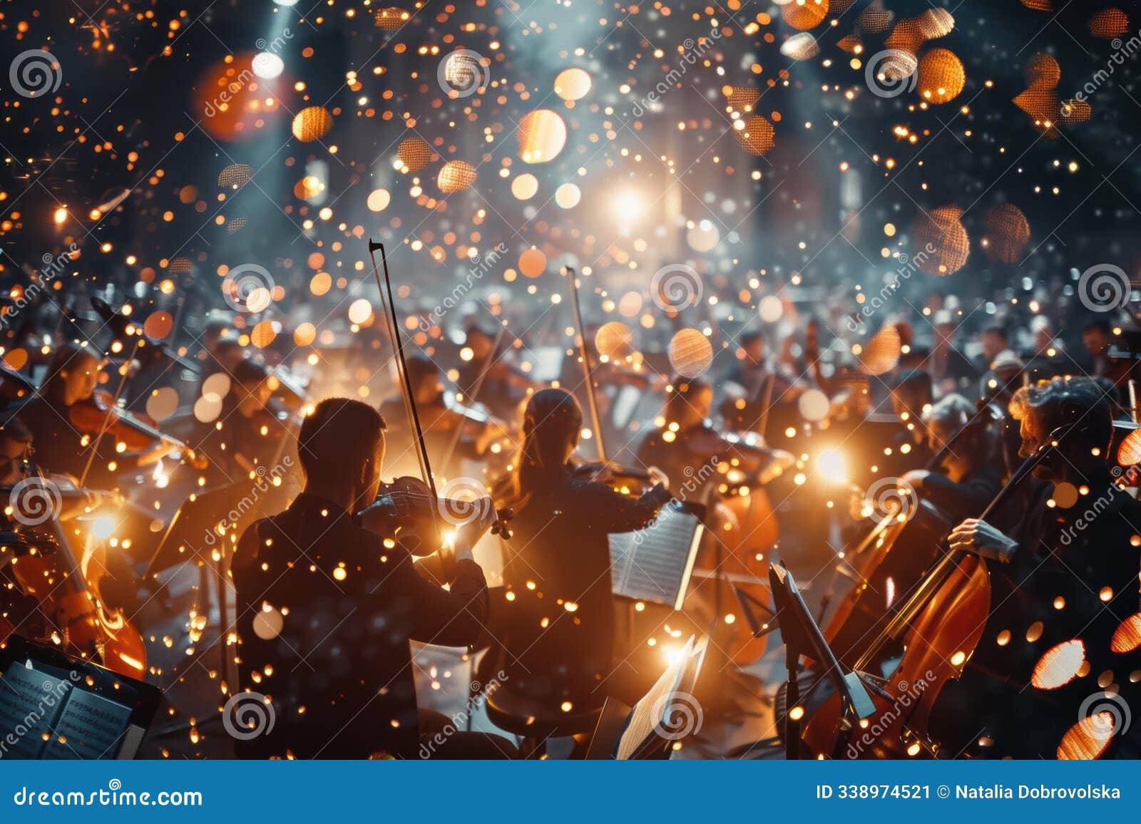 Classical Instruments Sparkling with Light As Music Notes Float in a ...