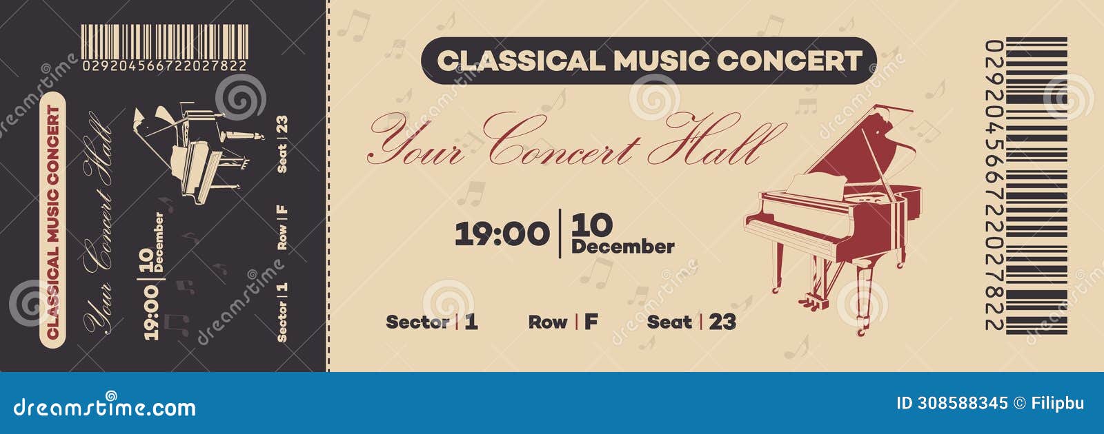 Classical or Jazz Music Concert Ticket Template with Barcode. Piano and ...