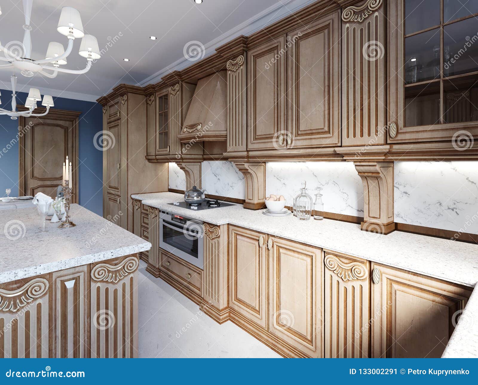 Classical Kitchen in Luxury Home with Oak Wood Cabinetry Stock ...