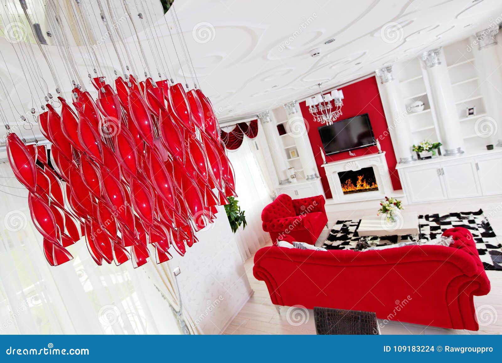 Classical Red Living Room Interior with Fire Place and Beautiful Stock ...