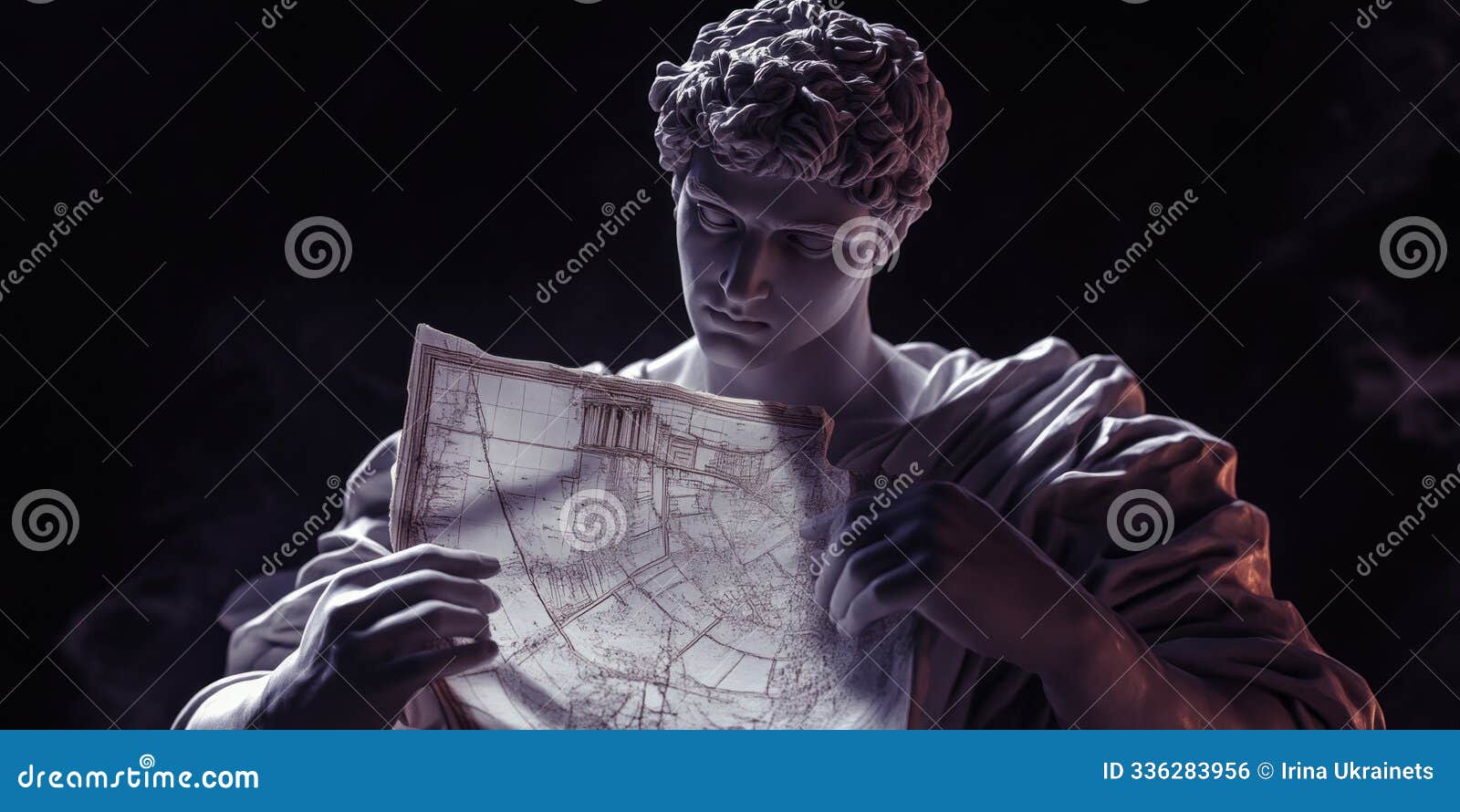 A Classical Statue of a Young Man Studying a Map with a Deep Focus. the ...