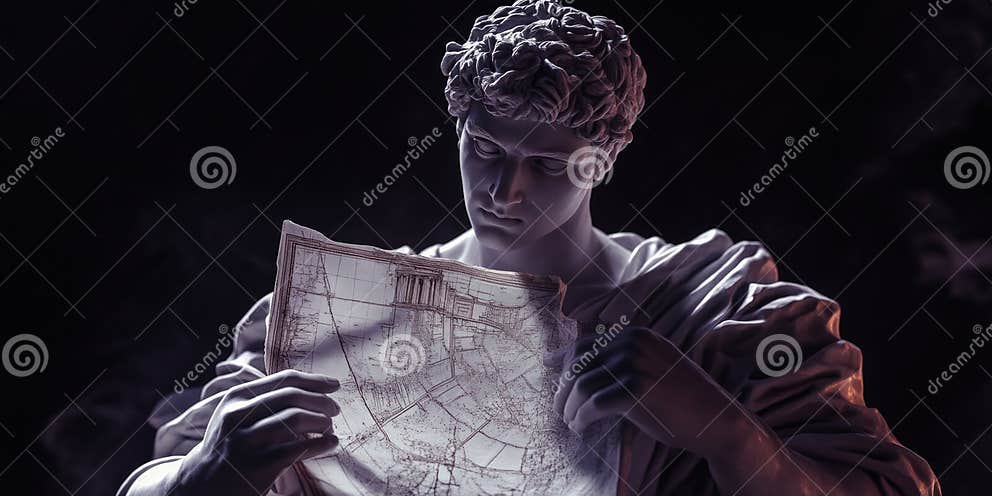 A Classical Statue of a Young Man Studying a Map with a Deep Focus. the ...