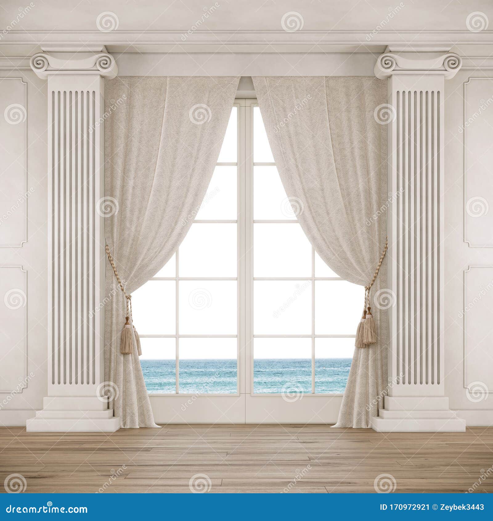 Classical Style Room with Big Window, Curtains and Columns Stock ...