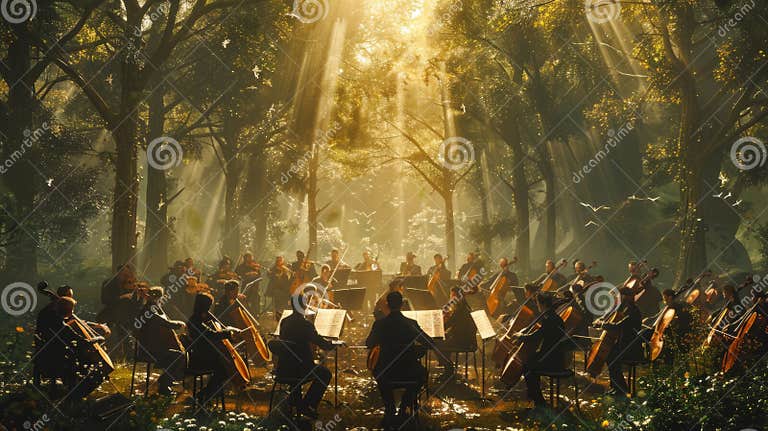 Classical Symphony Orchestra Playing Live in the Forest Stock ...