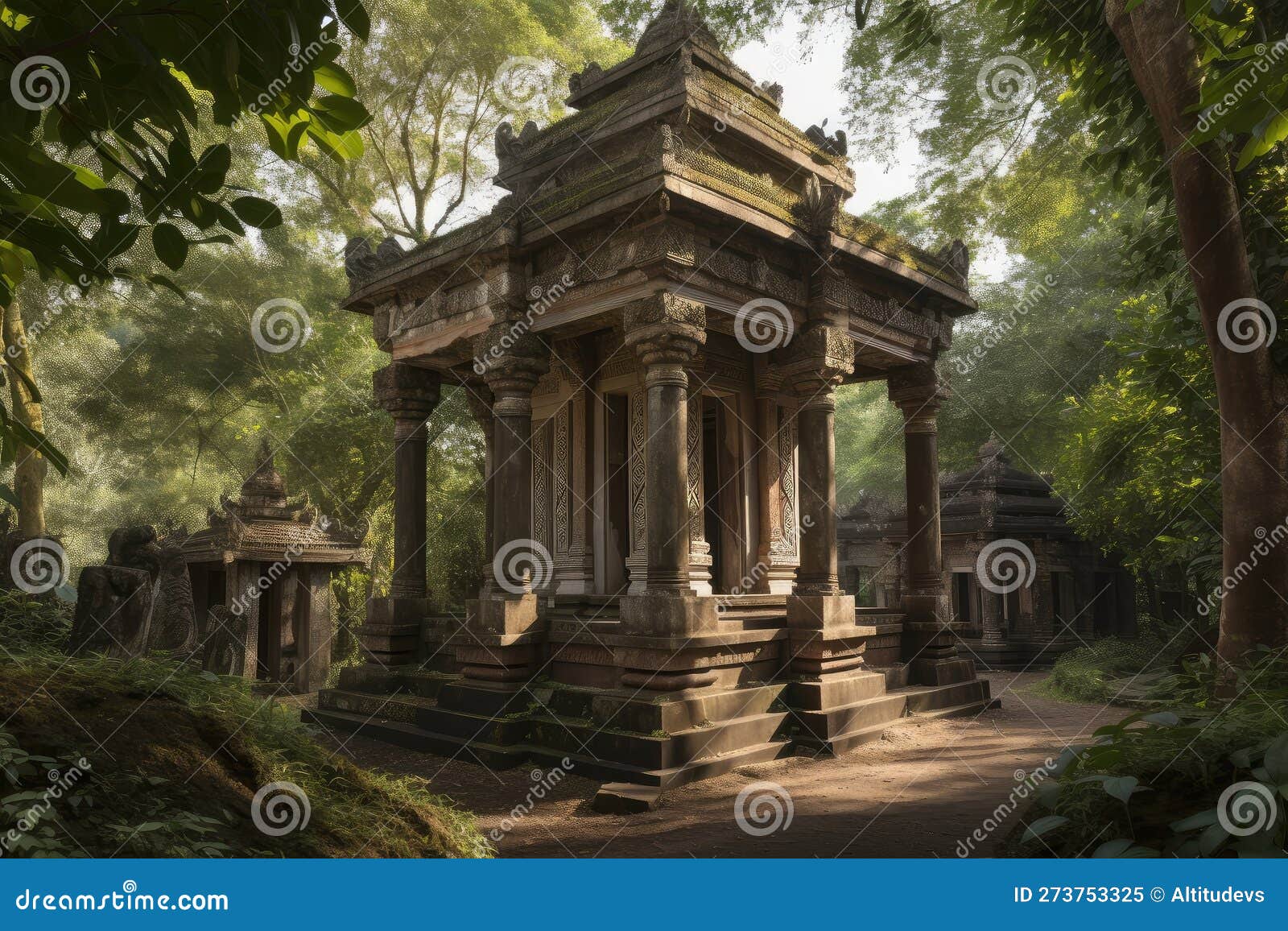 Classical Temple with Pillars and Intricate Carvings, Surrounded by ...
