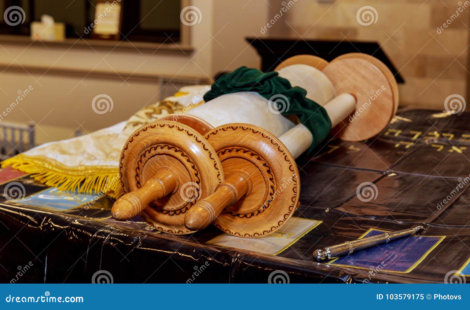 Classical Torah Scrolls in a Blue Case with Hebrew Letters. Torah Stock ...