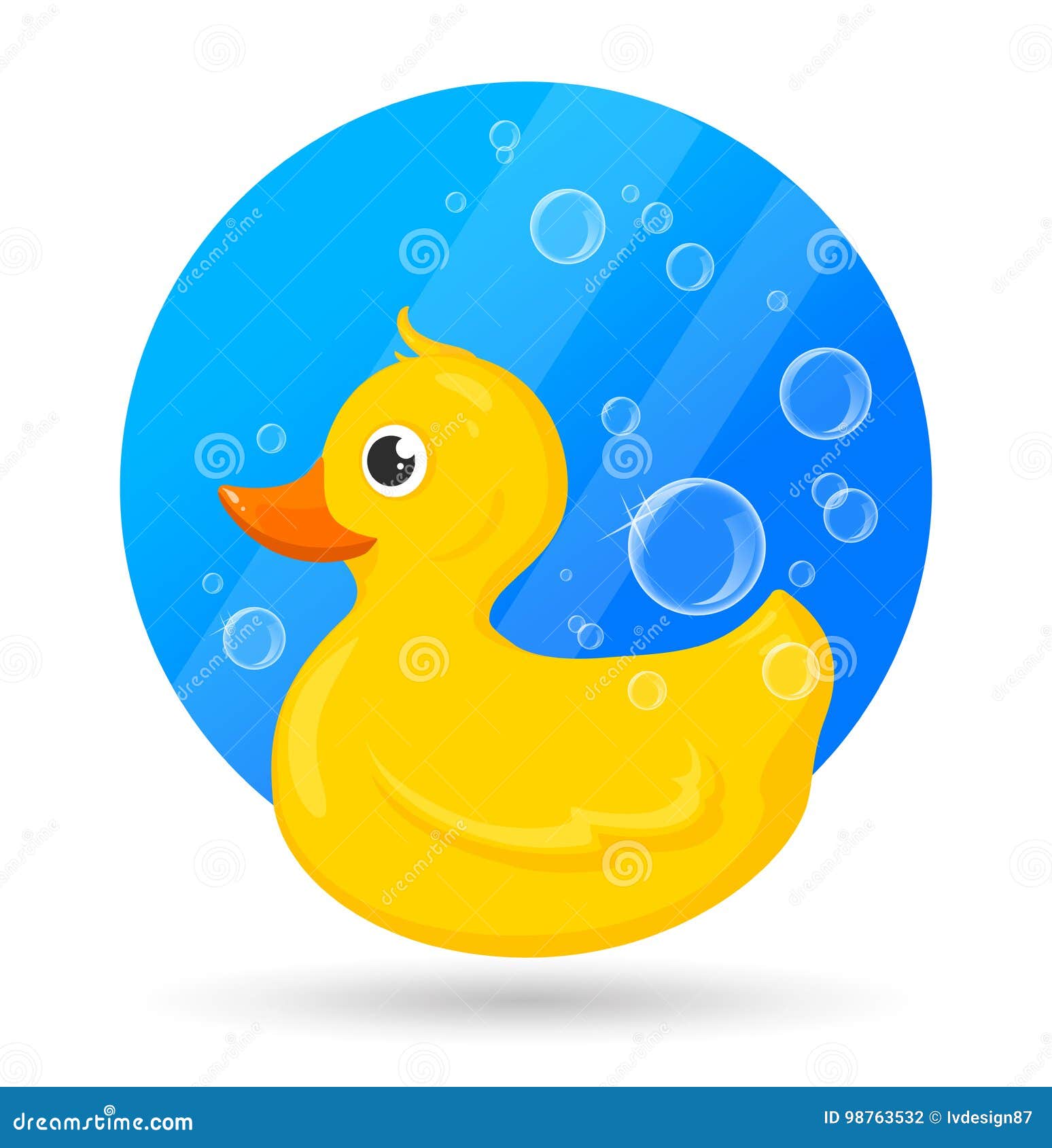 Classical Yellow Rubber Duck With Soap Bubbles Vector Illustration Of