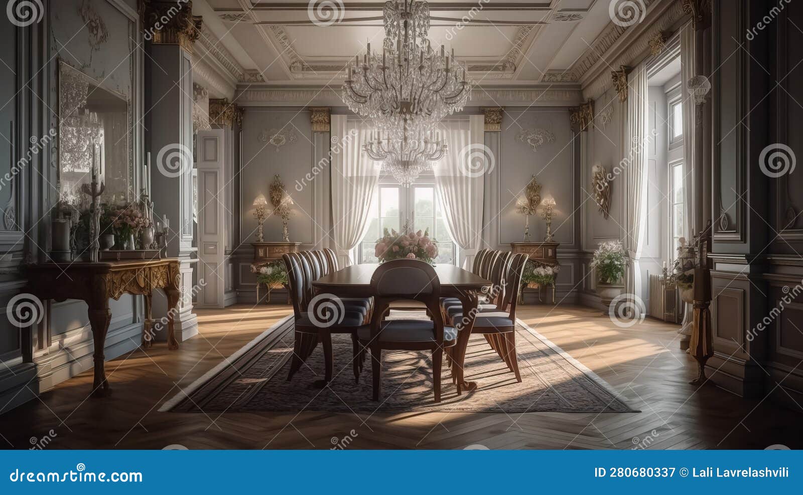 Classically-styled Formal Dining Room With A Large Chandelier ...