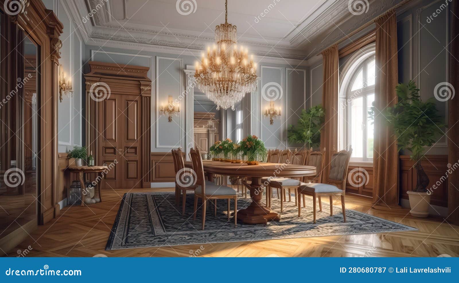 Classically-styled Formal Dining Room With A Large Chandelier ...