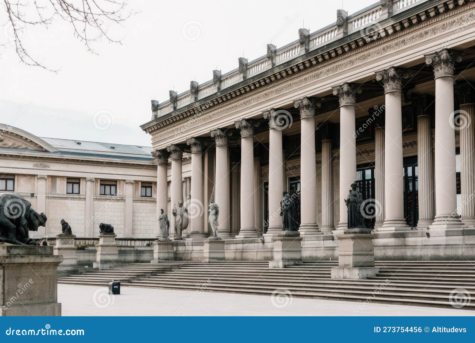 Classicist Building With Columns And Sculptures, Viewed From A Distance ...
